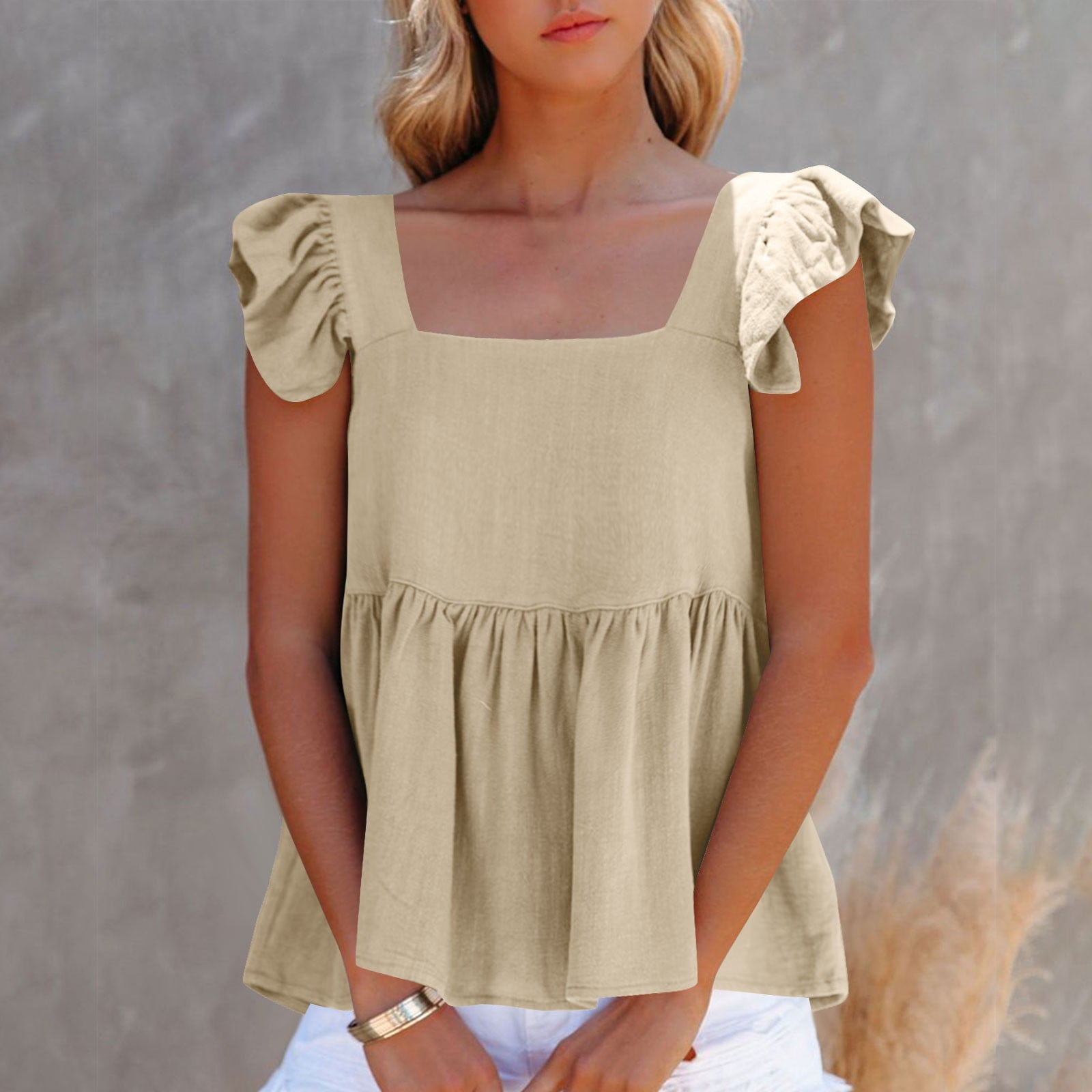 Dasayo Short Sleeve Tops for Women Trendy Cute Square Neck Beige Ruffle ...