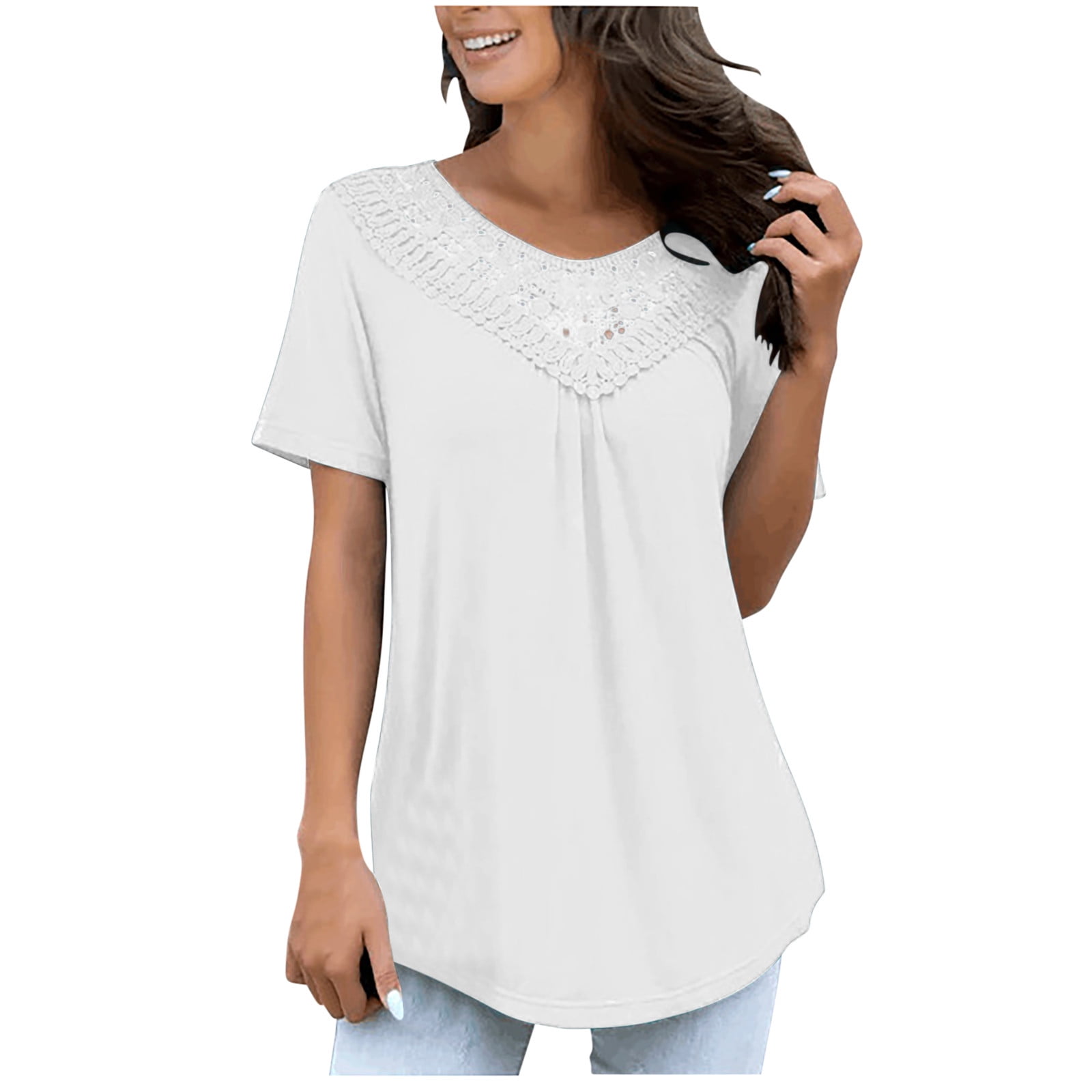 Dasayo Short Sleeve Women Tops Dressy Lace White Patchwork Curved Hem ...