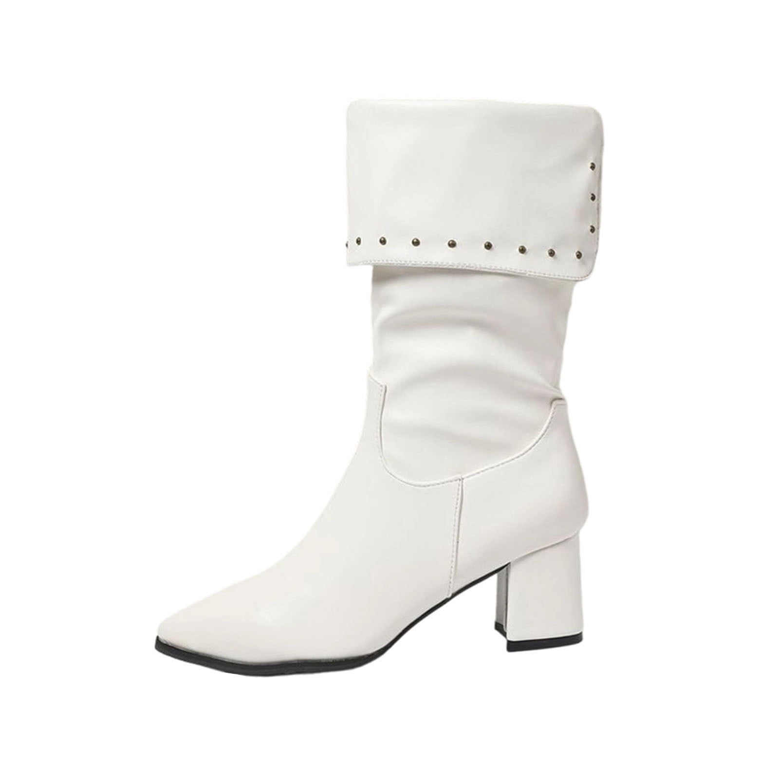 Dasayo Slouch Booties for Women White Wide Width Mid-Calf Block Heel ...