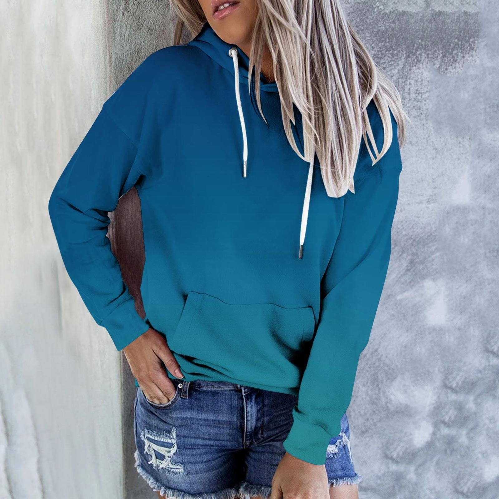 Dasayo Sweatshirts for Women Lightweight Long Sleeve Blue Drawstring ...