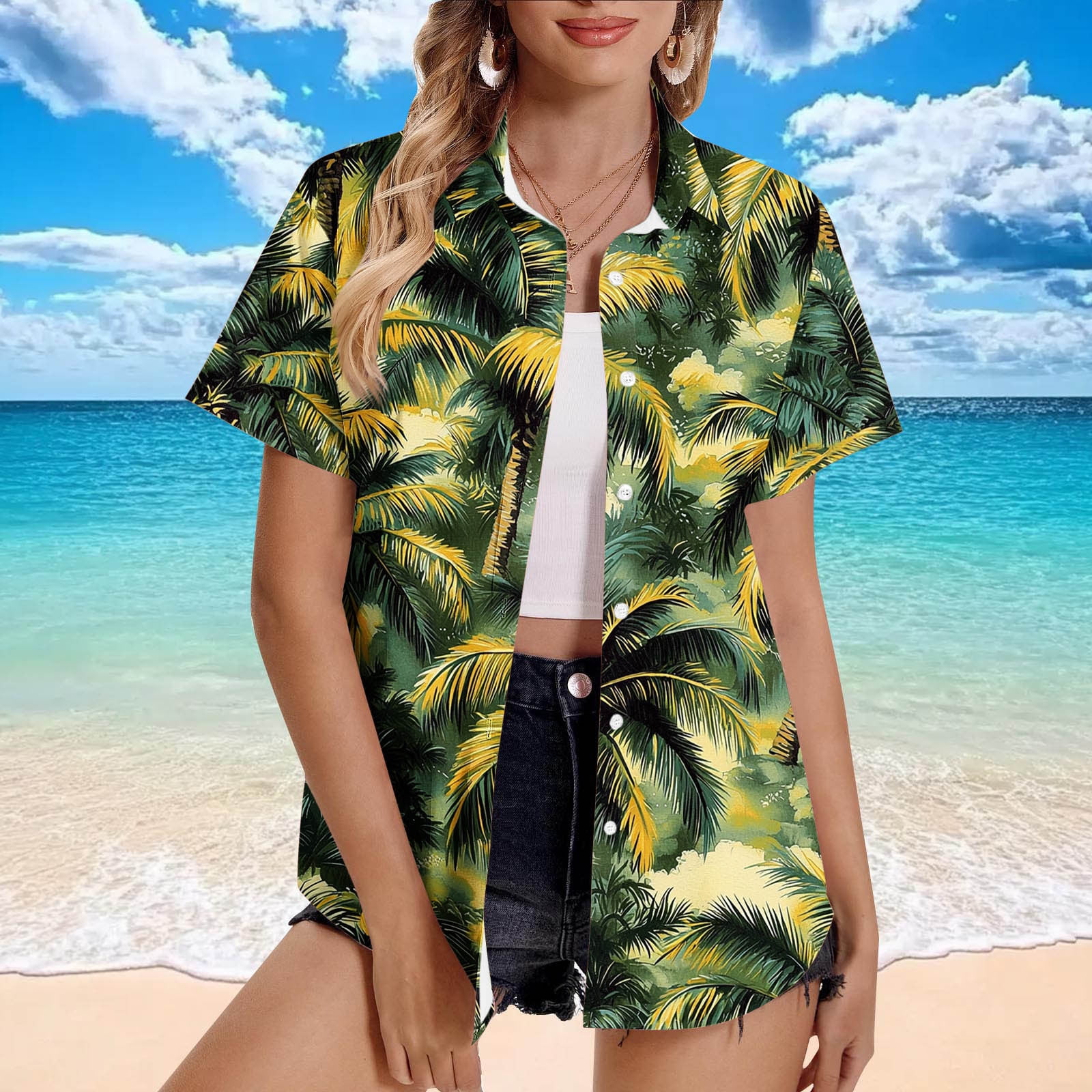 Dasayo Tops for Women Summer Hawaiian Short Sleeve Collared Tropical Button-up Shirts Women Tank ...