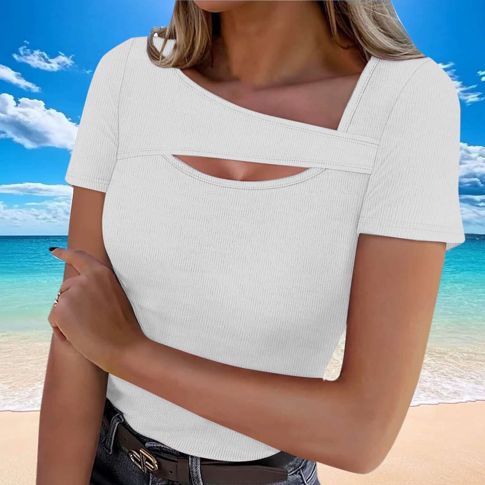 Dasayo Tops for Women Trendy Cheeky White Cutout Short Sleeve ...