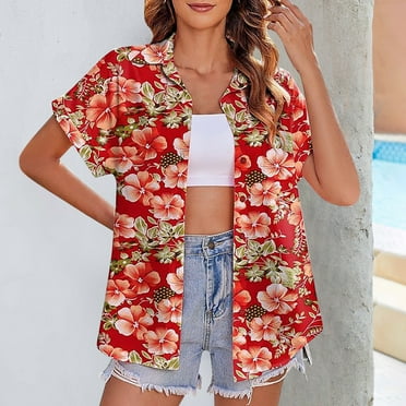 SSLR Hawaiian Shirt for Women Flamingo Short Sleeve Casual Button Down ...