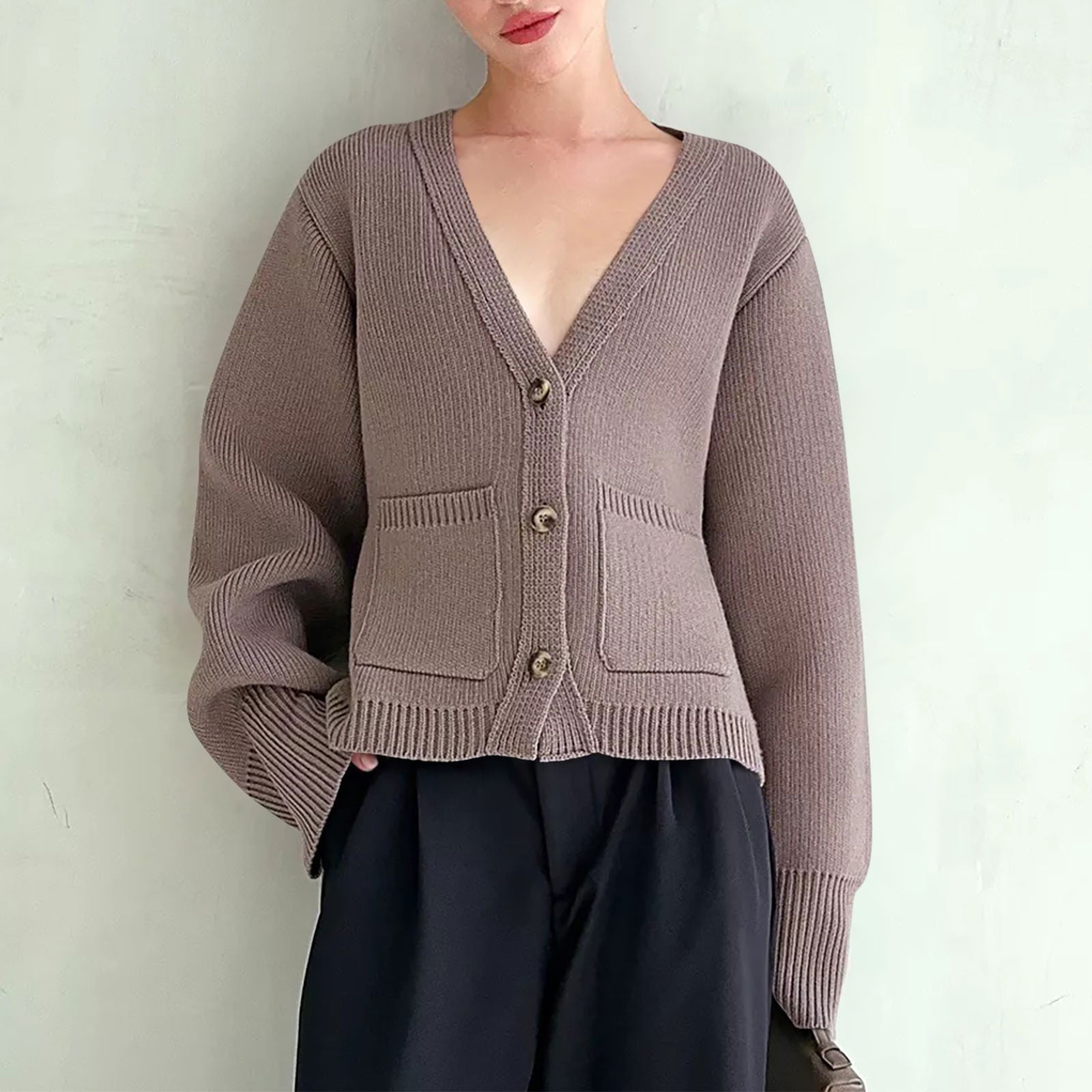 Dasayo V-Neck Ladies Tops Gray Knit Long Sleeve Winter Buttons Solid Cardigans Blouses for Women ...