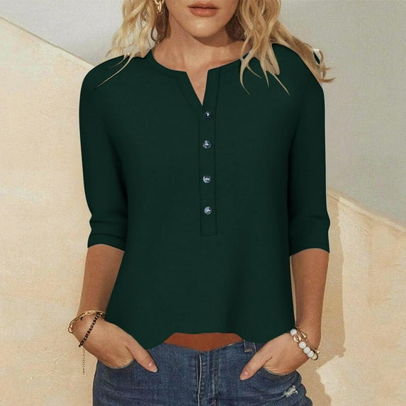 Dasayo V-Neck Tops for Women Green 3/4 Sleeve Summer Buttons Solid ...