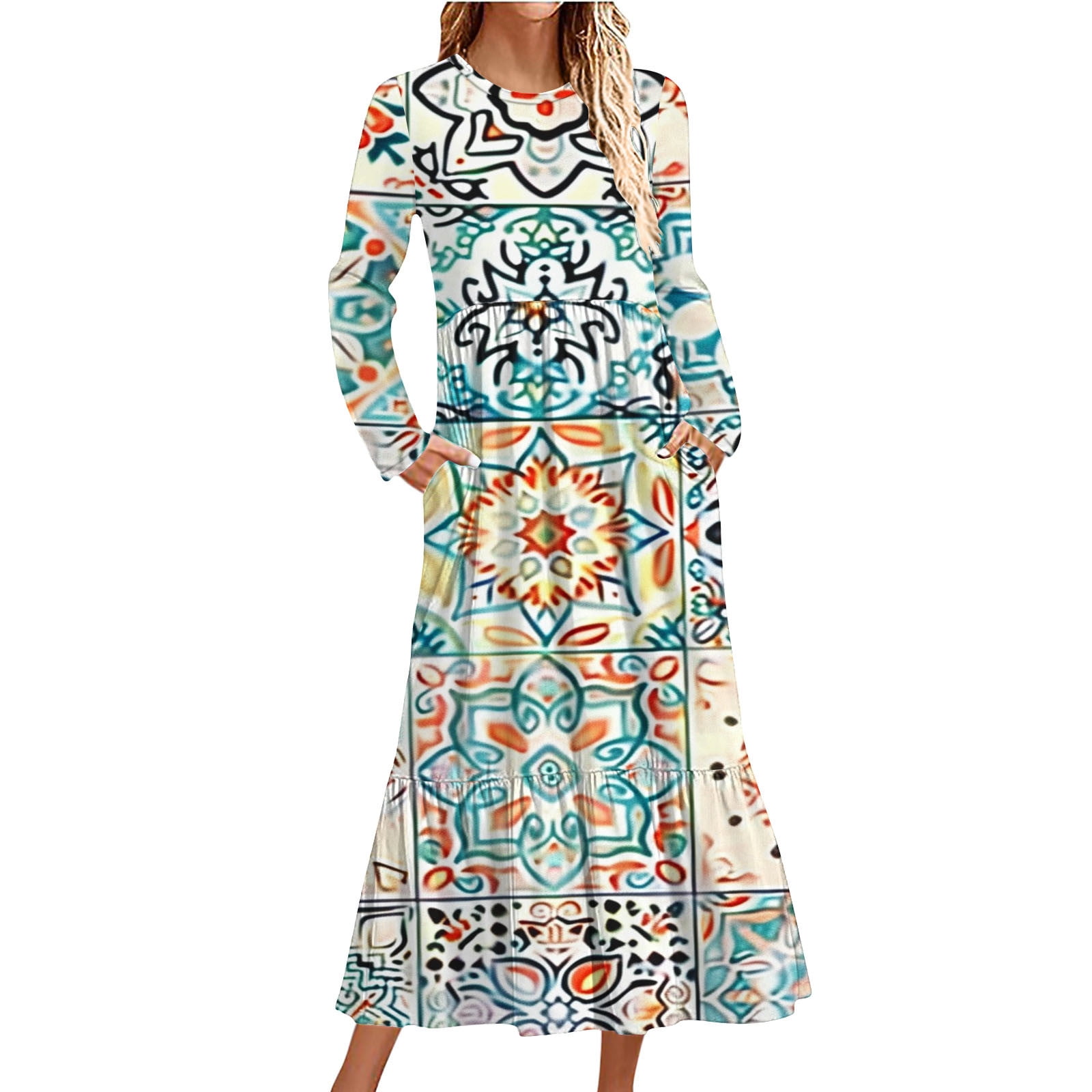 Dasayo White Womens Dresses Clearance Fall Long Sleeve Boho Smocked ...