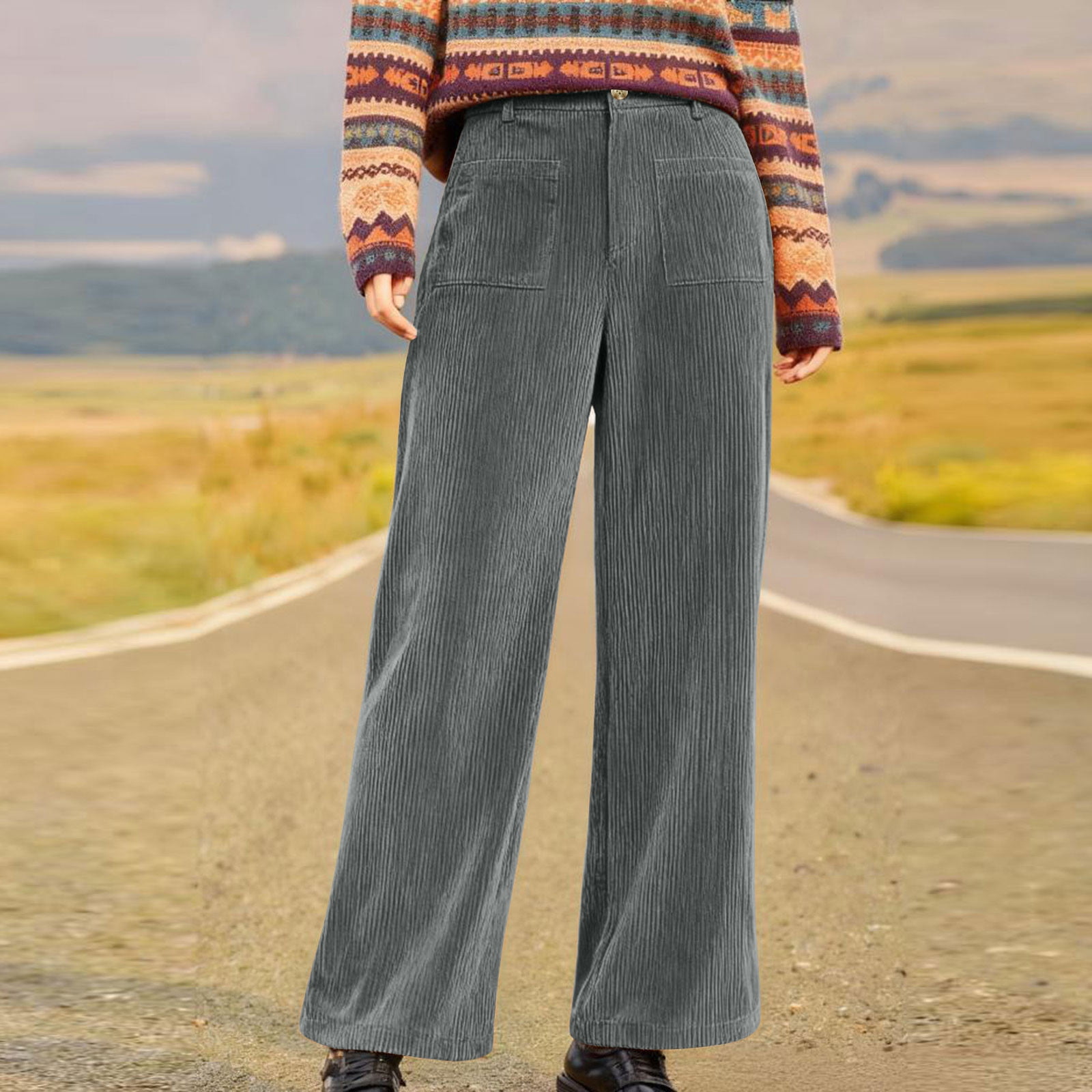 Dasayo Wide Leg Women Pants High Waist Palazzo Gray Corduroy Fashion ...