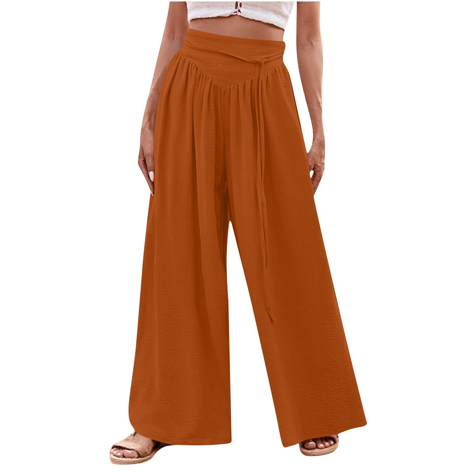 Dasayo Wide-Leg Womens Pants Orange High Rise Pleated Palazzo Trousers ...