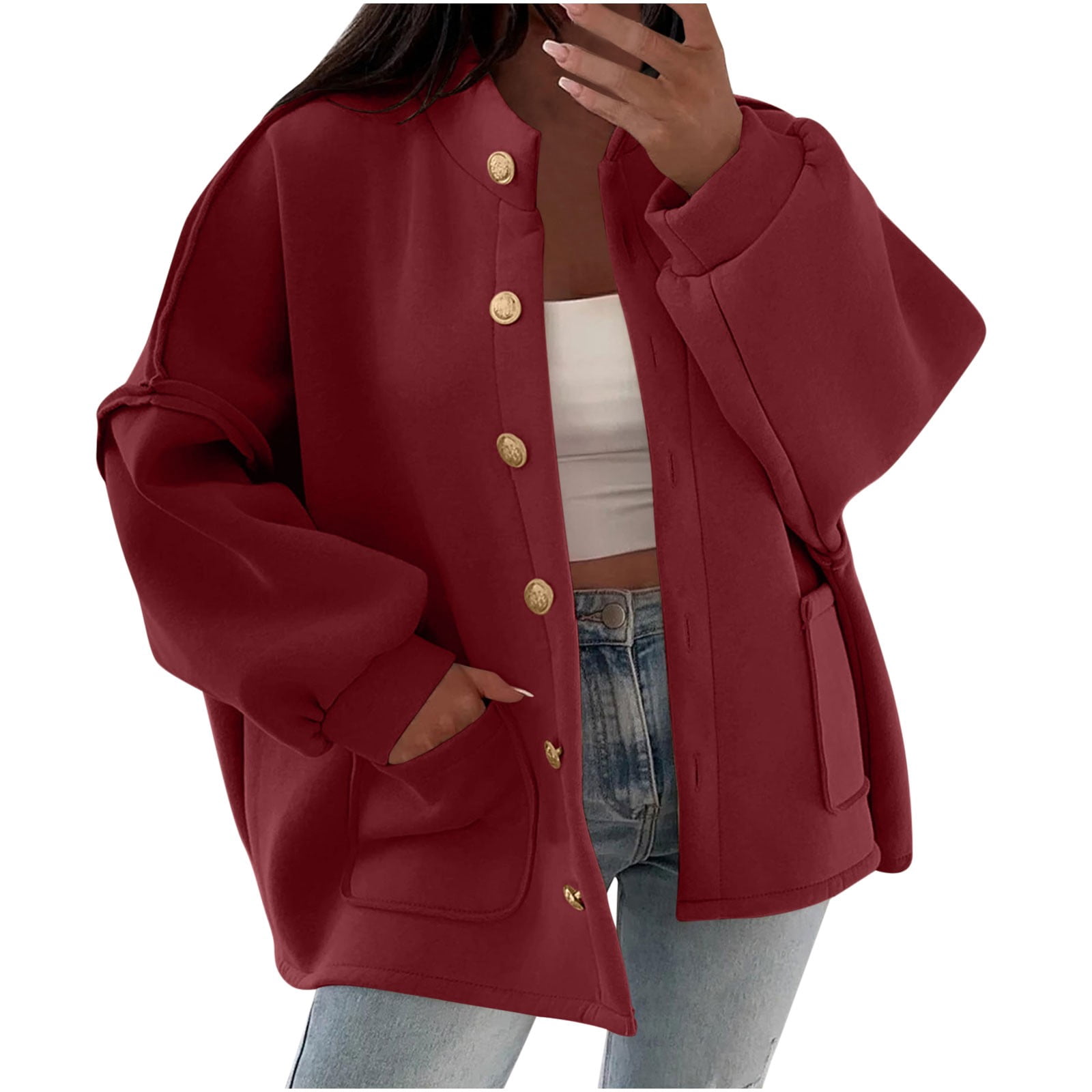 Dasayo Women Coat Bomber Barn Red Plus Size Varsity Thicken Clothes ...