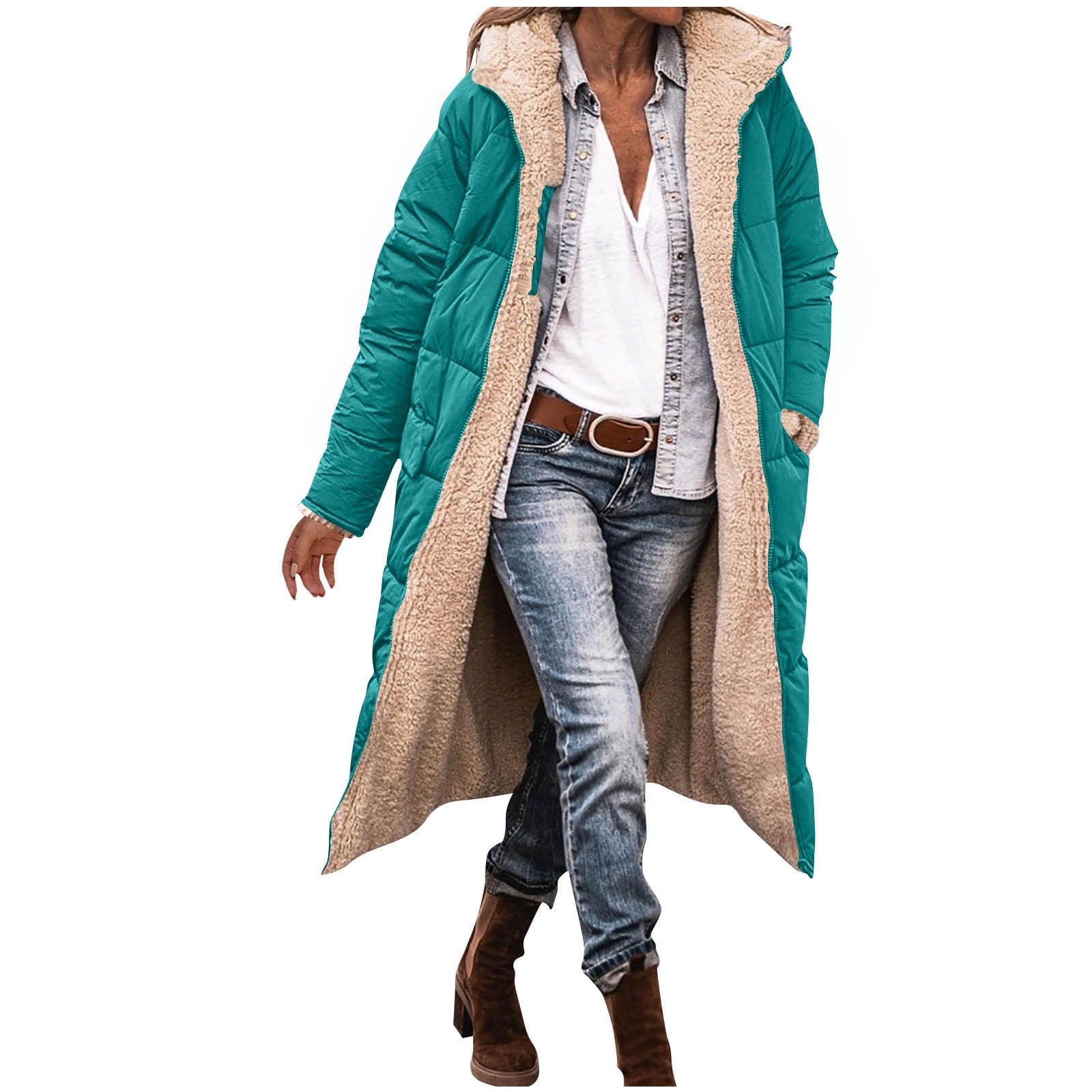 Dasayo Women Coats Mint Green Full Zip Fleece Quilted Thermal Long ...