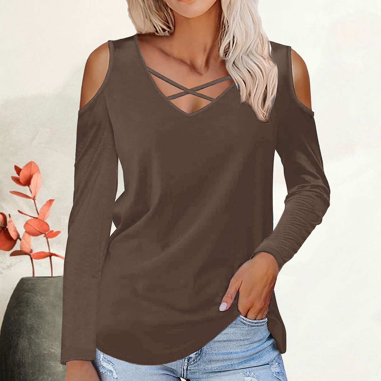 Dasayo Women Tops Long Sleeve off Shoulder Solid Criss Cross Blouses ...