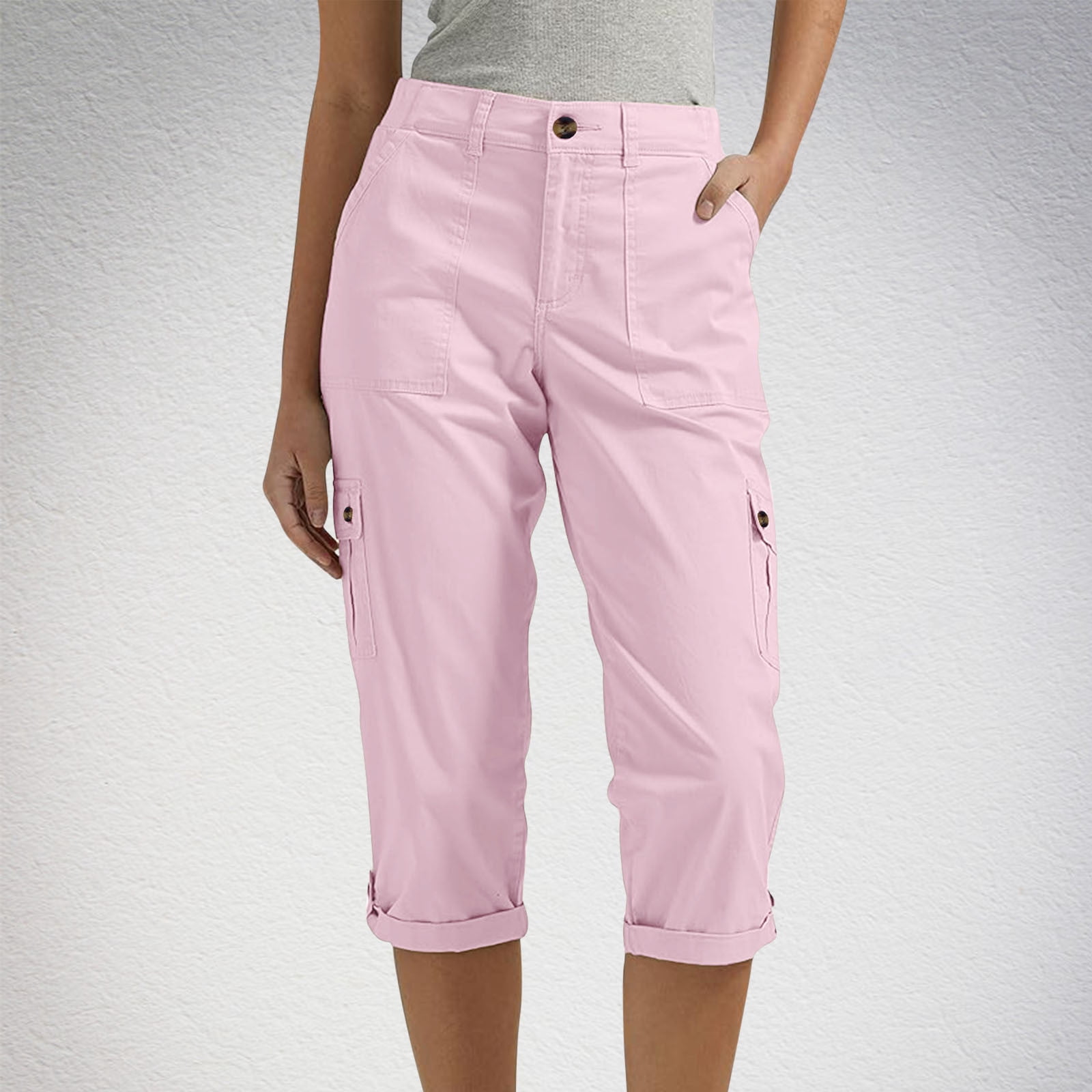 Dasayo Women's Pants under $5 High Waisted Pink Capris Zipper Solid ...