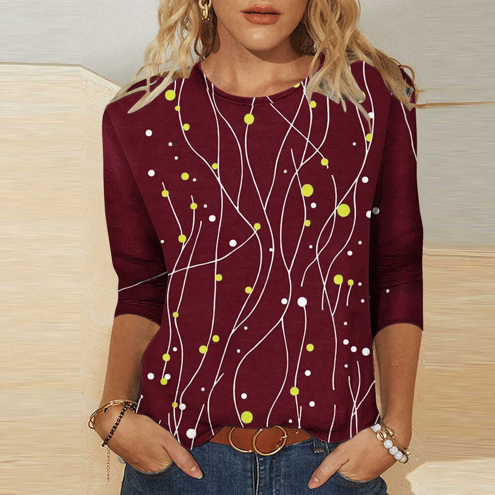 Dasayo Women's Tops and Blouses 3/4 Sleeve Red Loose Graphic Prints ...