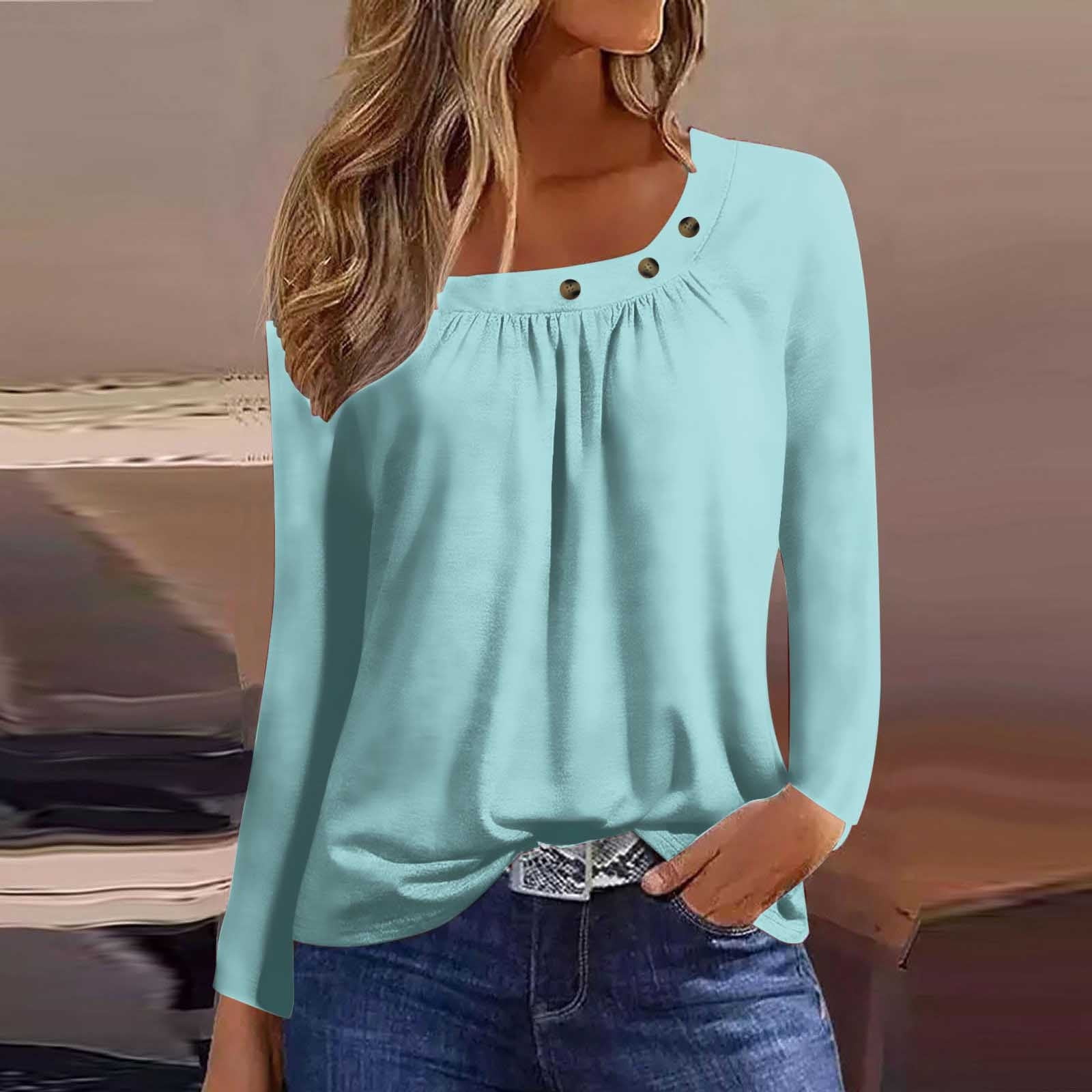 Dasayo Womens Tops Clearance Long Sleeve Button Smocked Solid Square ...