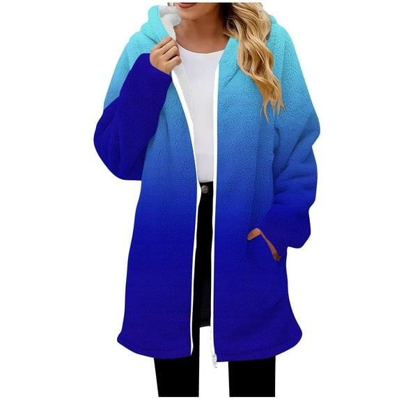 Dasayo Zip Front Women Coat Flannel Blue Fleece Gradient Color Casual ...