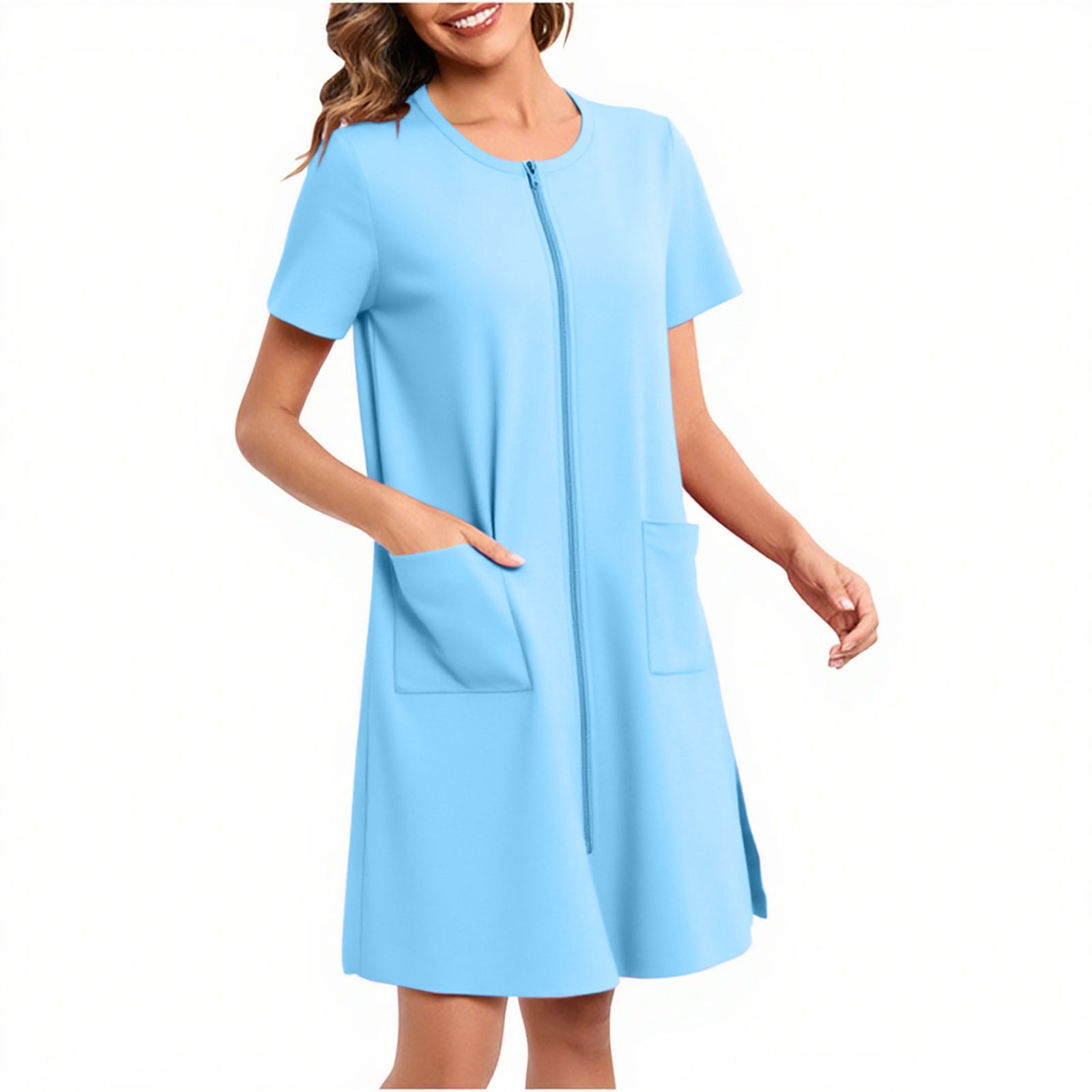 Dasayo Zipper Nightgowns for Women Blue Short Sleeve Hospital Chemises ...
