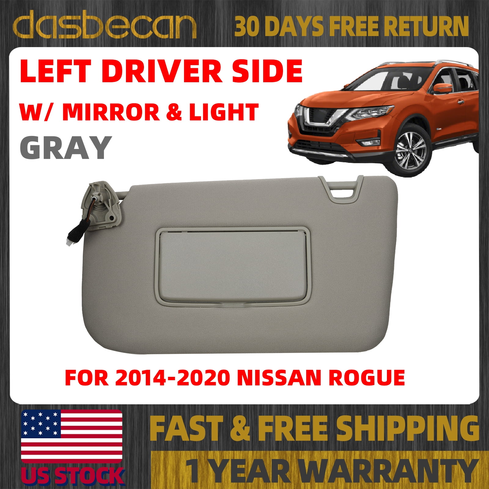 Dasbecan Left Driver Side Gray Sun Visor W/ Light For Nissan Rogue 2014 ...