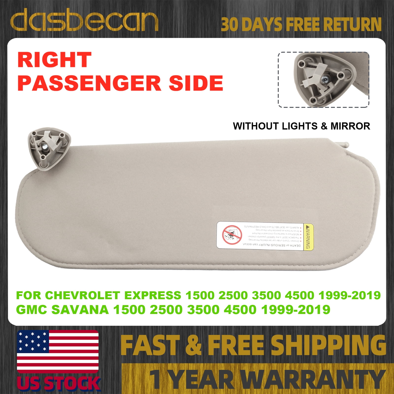 Dasbecan Right Side Sun Visor w/o Mirror Light For Chevrolet Express ...