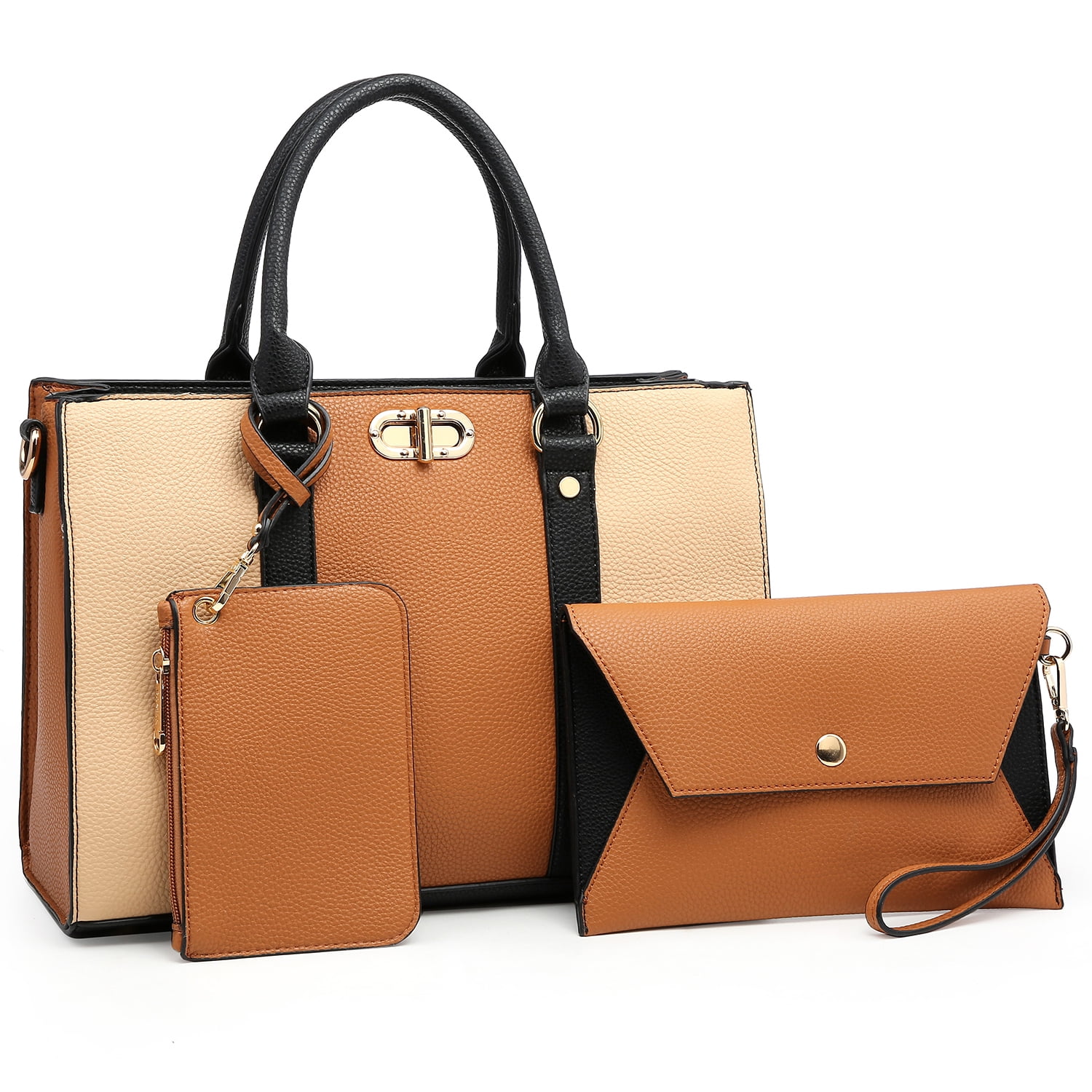 Dasein Women's Vegan Leather Satchel Handbag Set, Brown, 3-Piece ...