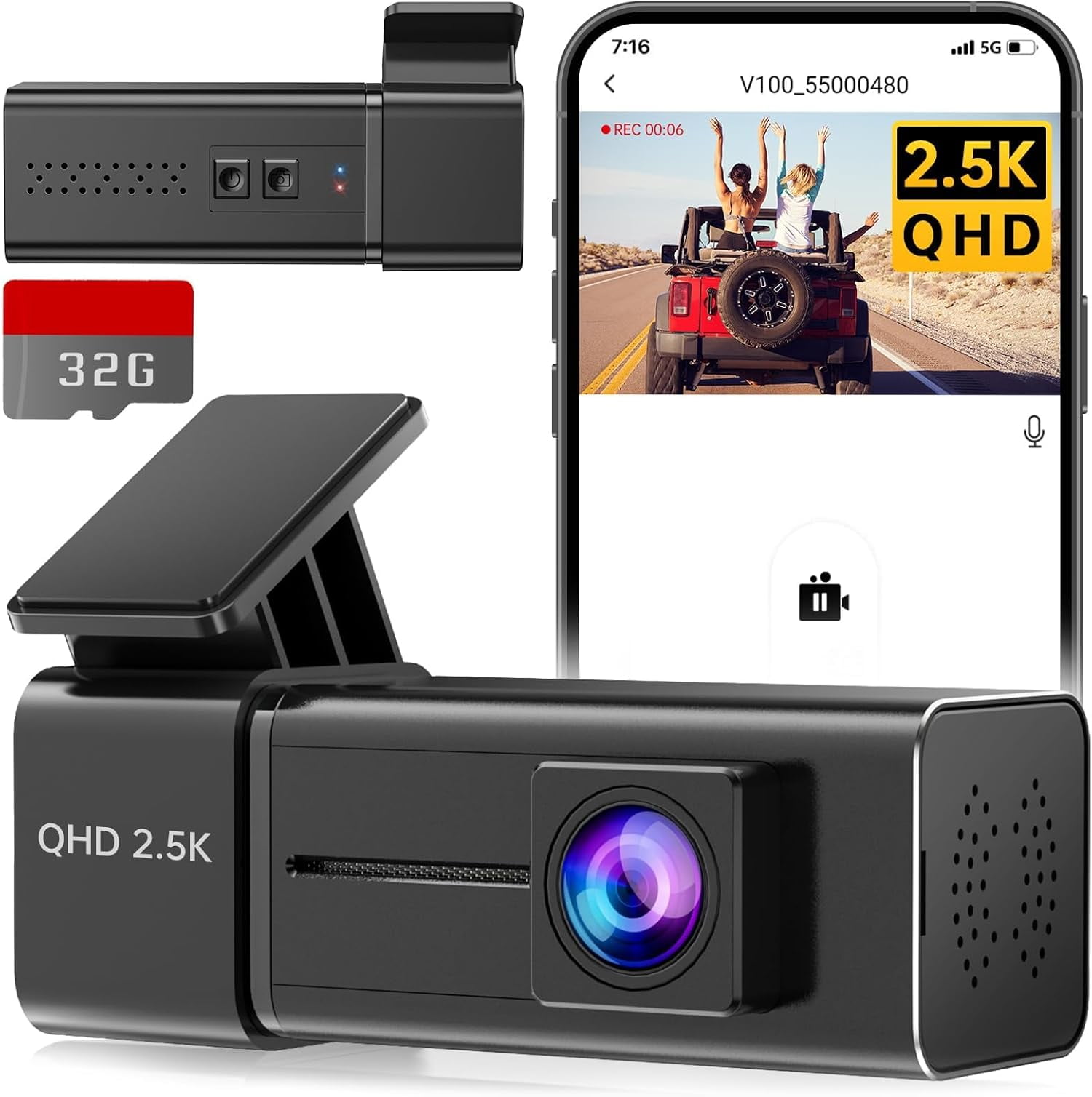 Dash Cam, 2.5K WiFi Dash Camera for , Mini Dashcam with App, Front ...