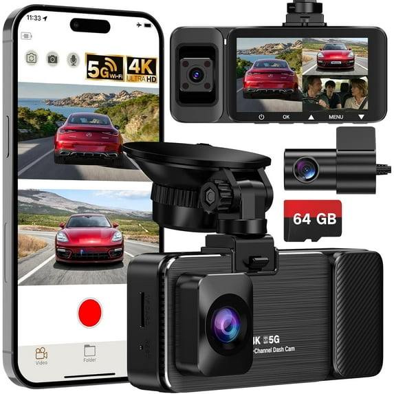 Dash Cam 3 Front and Rear and Inside, 4K UHD 360 Dash Camera for with ...