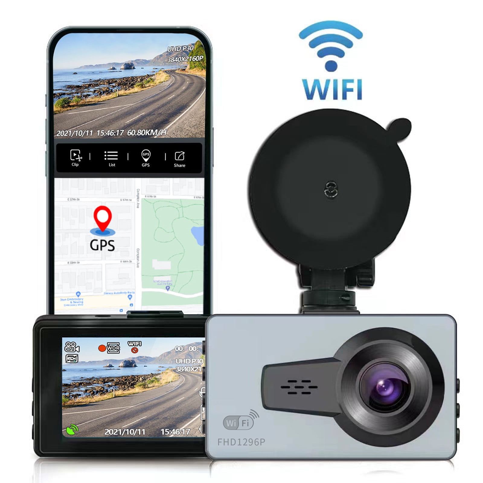 Dash Cam 3-inch Screen Lens High-definition 1260P With GPS WDR Night ...