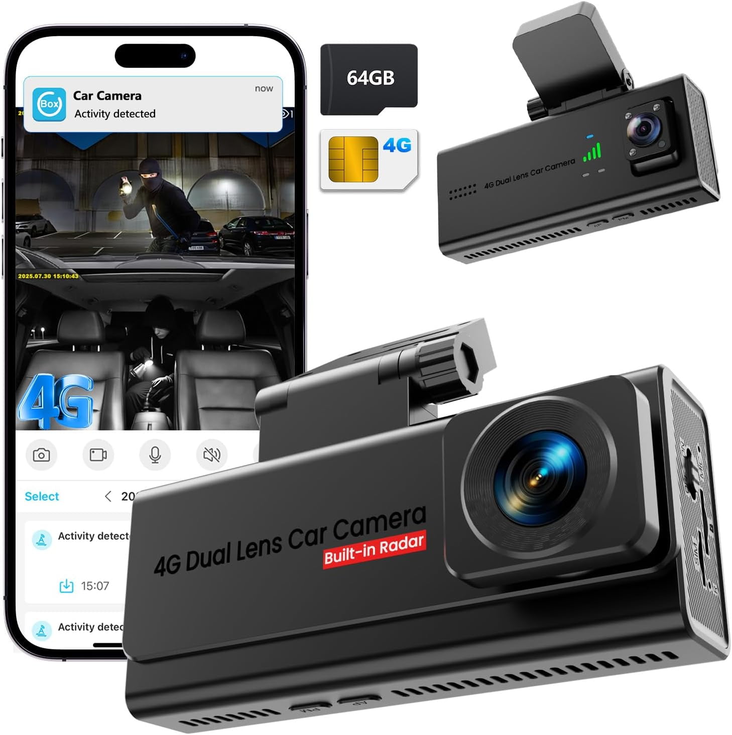 Dash Cam, 4G LTE Dash Camera Front and Cabin with SIM Card, 64GB SD ...