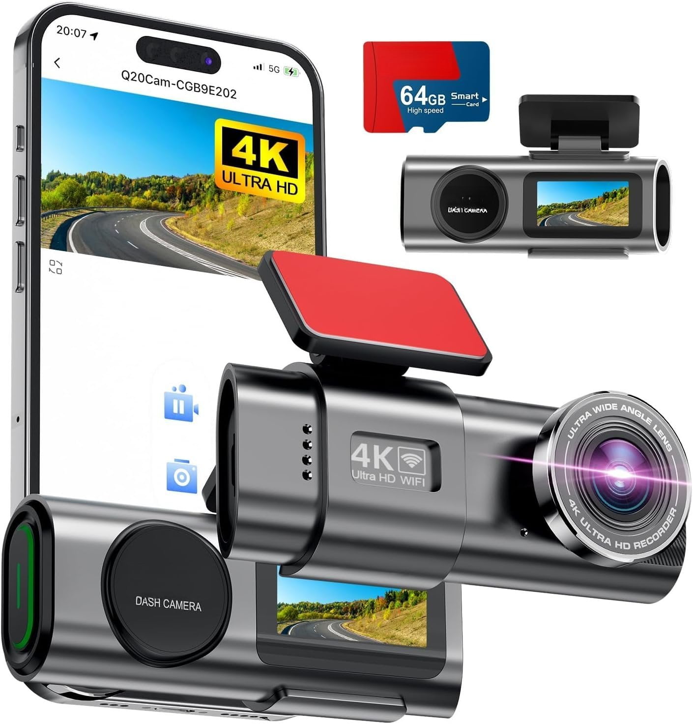 Dash Cam 4K Front, Built-in WiFi Dash Camera for , 1.''IPS Screen Mini ...