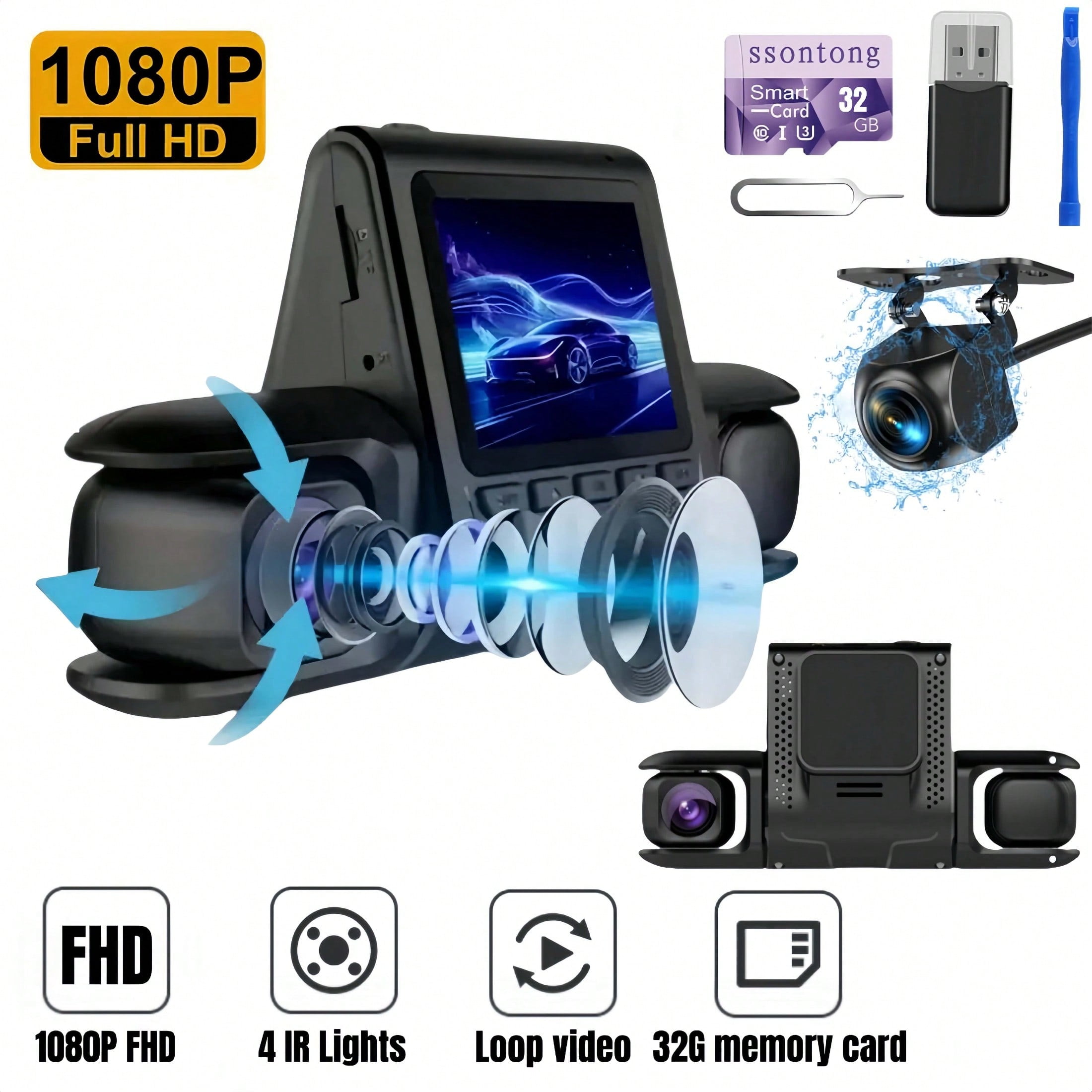 Dash Cam For Car, 1080P UHD Triple-Channel Dash Cam - Front/Rear ...