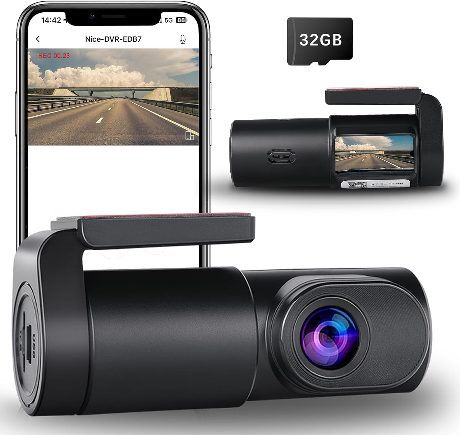 Dash Cam Front- 1080P FHD Front Dash Camera for with APP 32GB Card ...