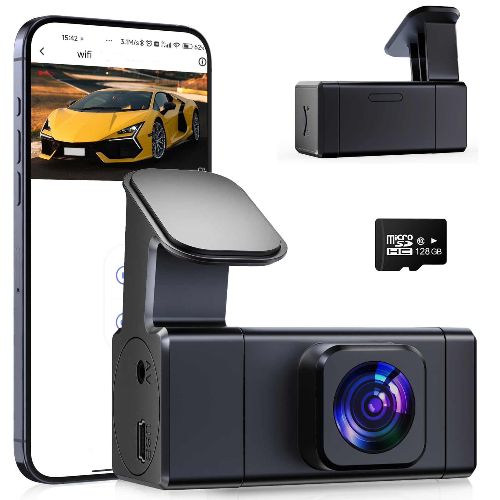 Dash Cam Front 1080P, WiFi Car Camera with 128GB SD Card, 5GHz WiFi App ...