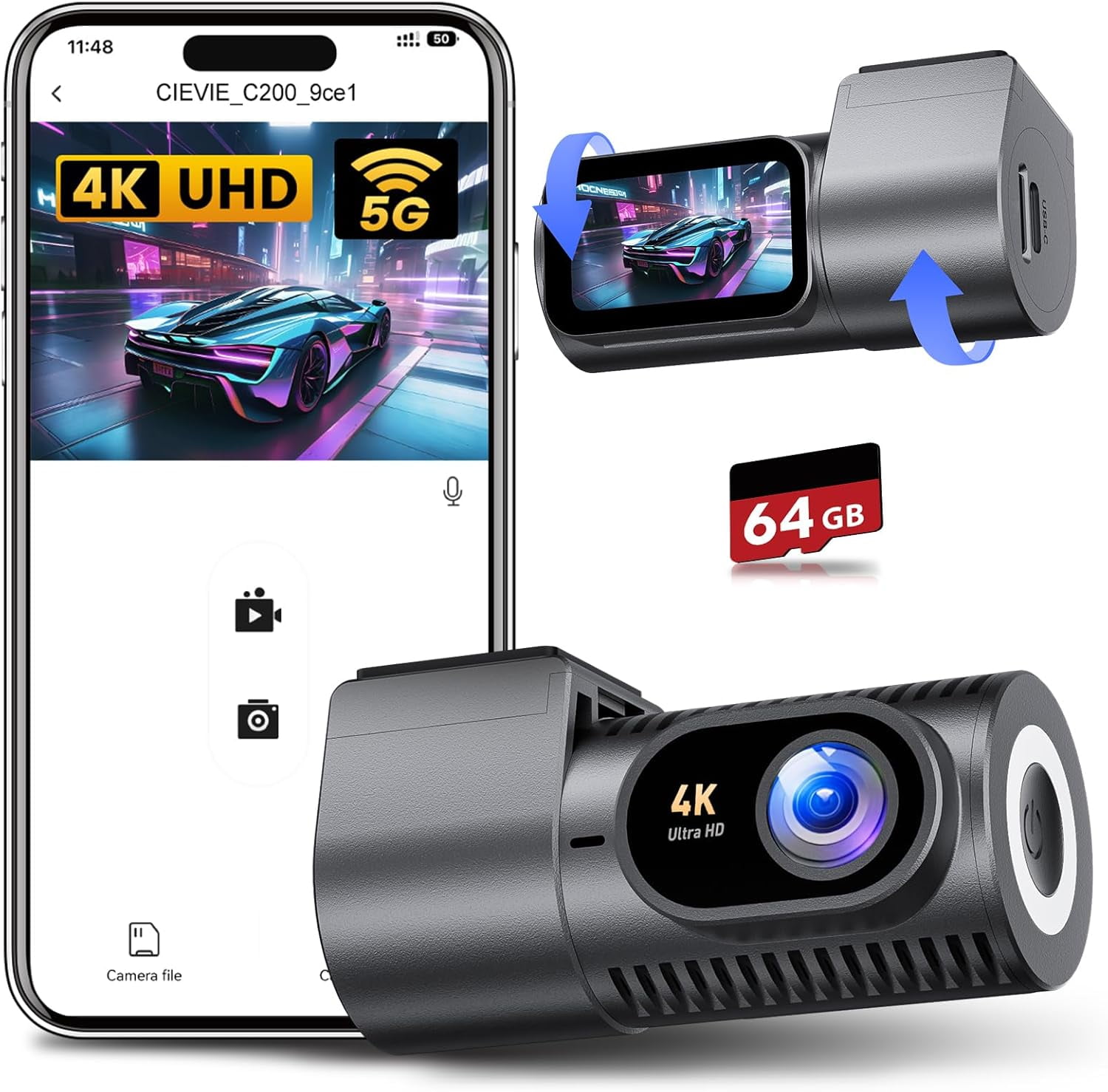 Dash Cam Front 4K - 1.5" IPS Display & 5G WiFi & 64G Card, 360 ...