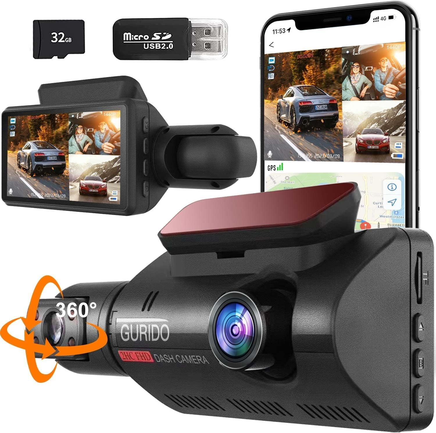 Dash Cam Front and Inside, Dual Channel, 360 Dash Cam with 32g SD Card ...