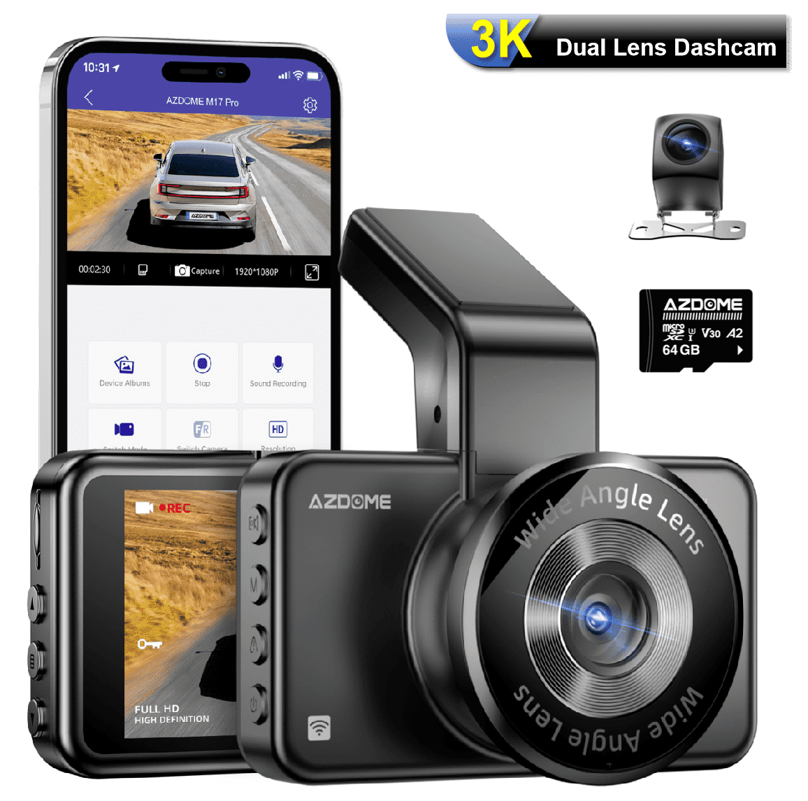 Dash Cam Front and Rear, 3K Dashcam with WIFi,2K+1080P WDR Dash Camera ...