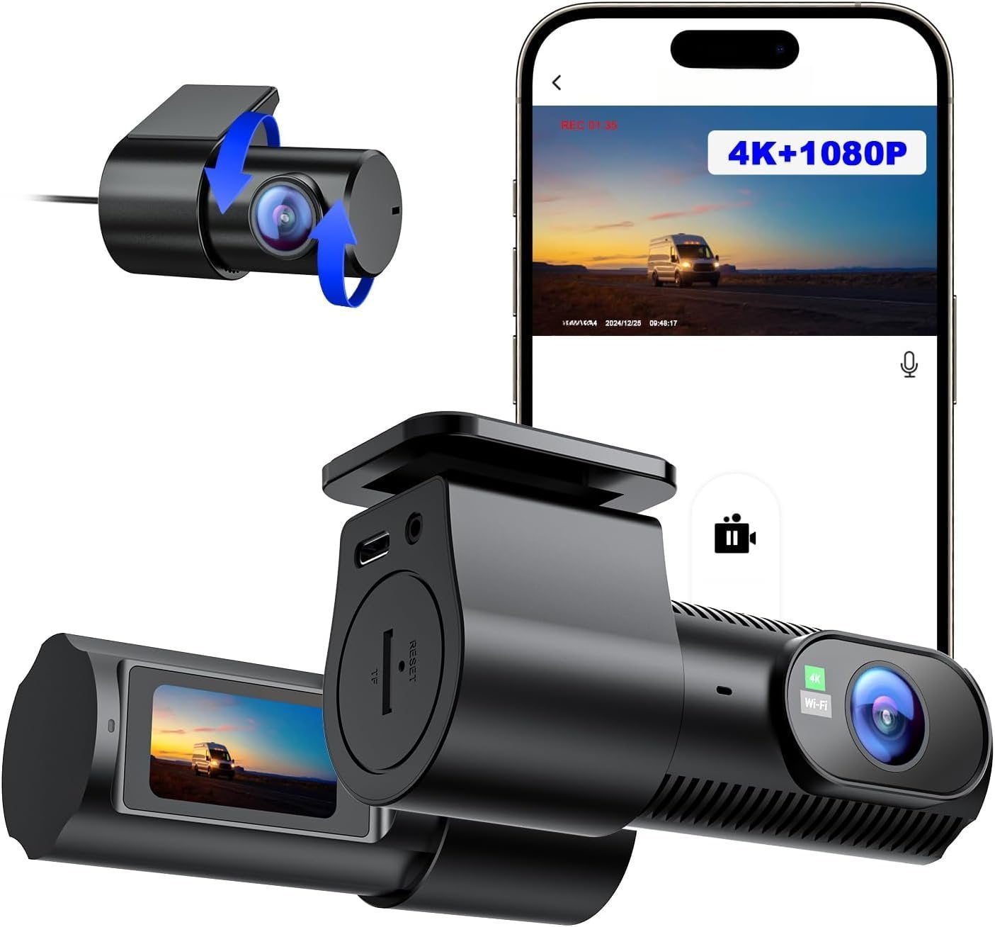 Dash Cam Front and Rear, 4K/1080P Built-in 5G WiFi APP Dash Camera for ...