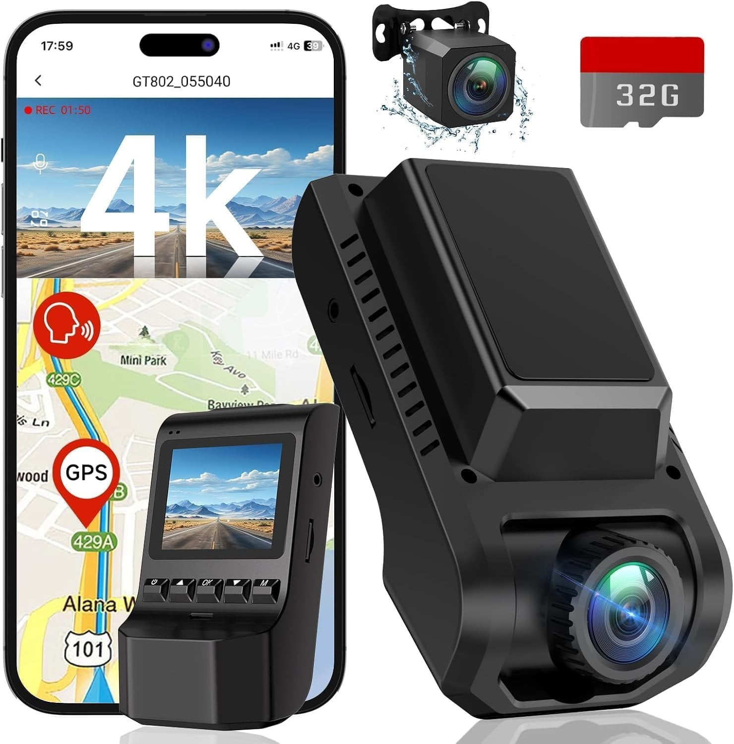 Dash Cam Front and Rear, 4K +1080P Dash Camera for , Built-in GPS ...