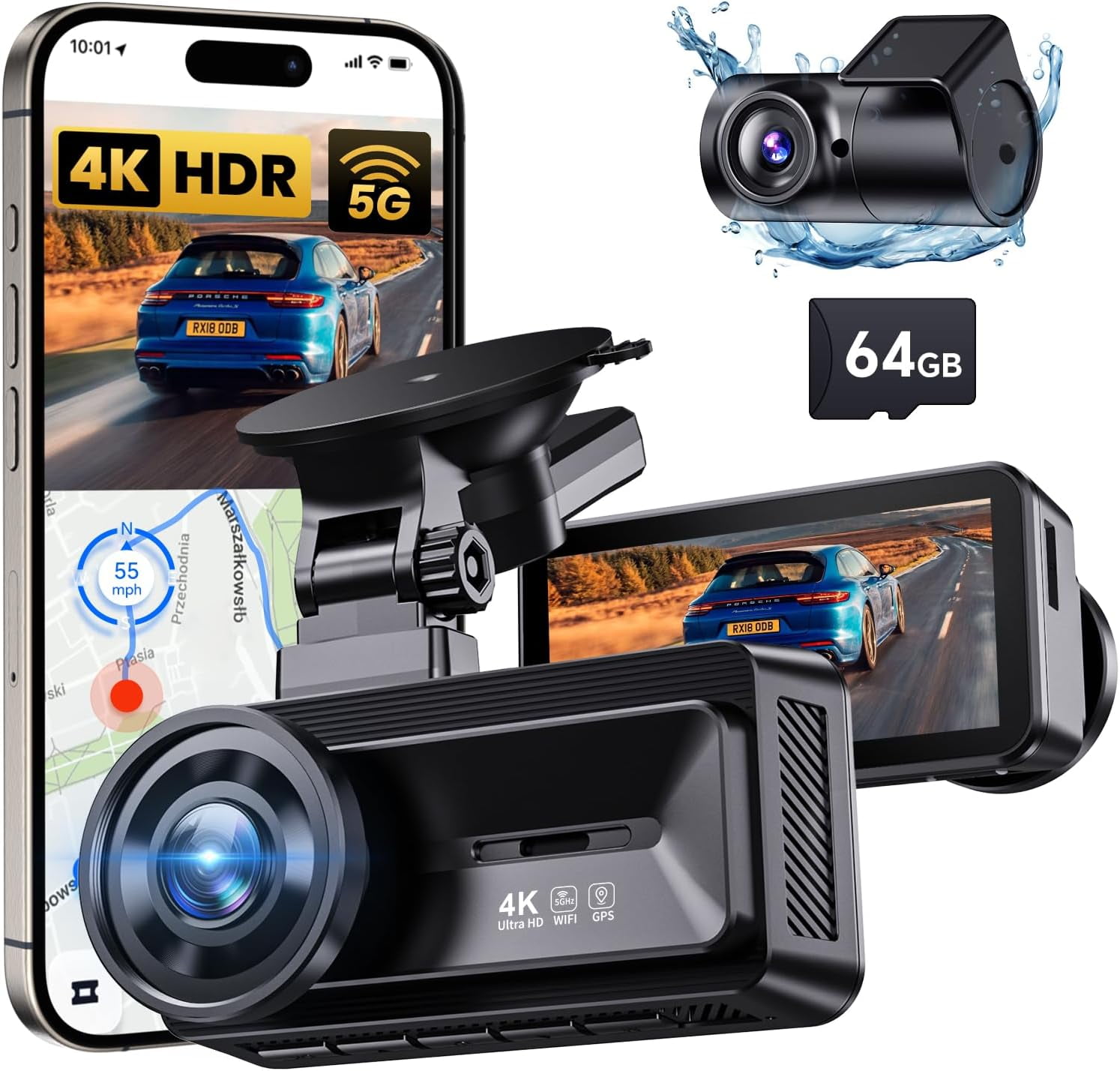 Dash Cam Front Rear - 4K+1080P Dashcam 64GB Card, with 5G WiFi GPS ...