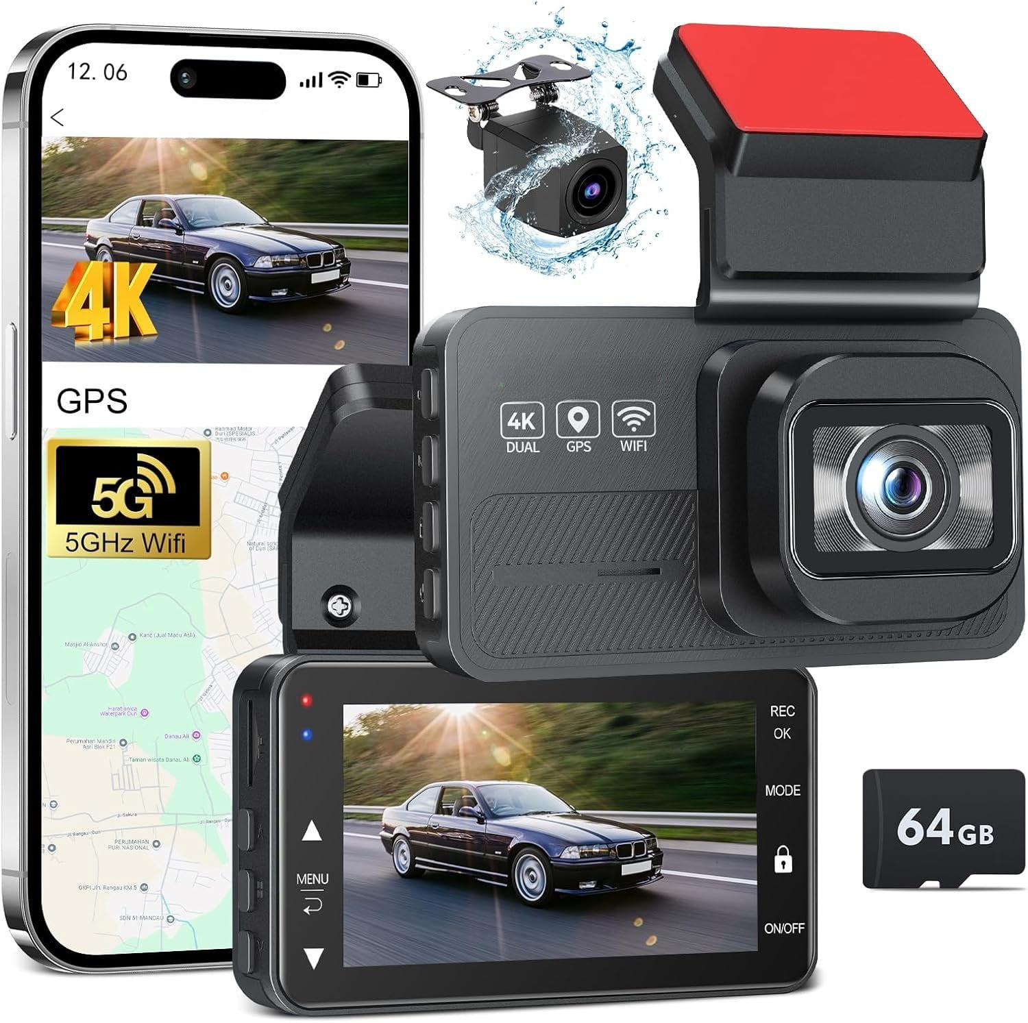 Dash Cam Front and Rear, 4K+1080P FHD Dual Camera with ADAS, GPS, 5G ...