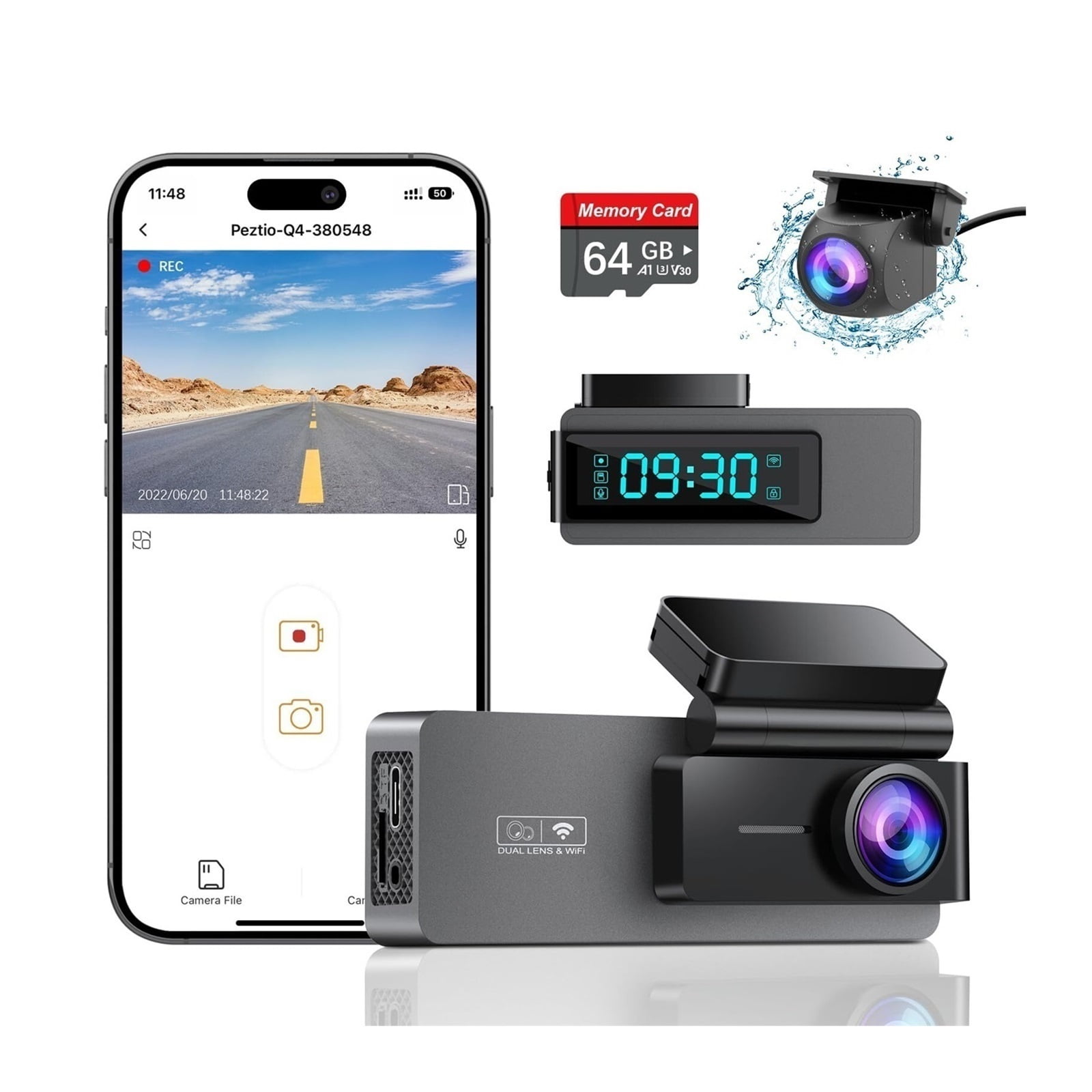 Dash Cam Front and Rear 4K+1080P, Free 64GB Card, Built-in WiFi, Dash ...