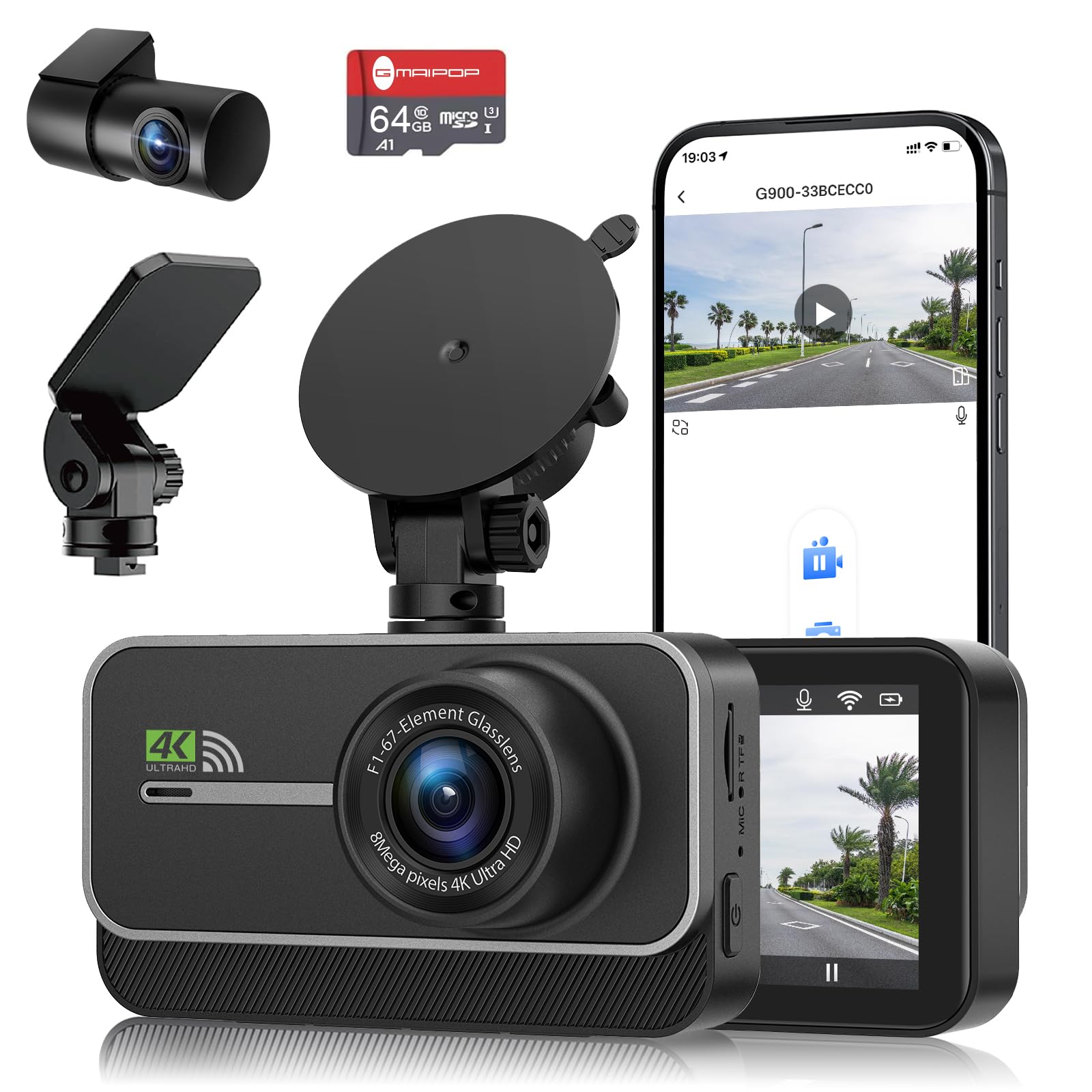 Dash Cam Front and Rear,4K+1080P WiFi Dual Dash Camera for Cars with ...