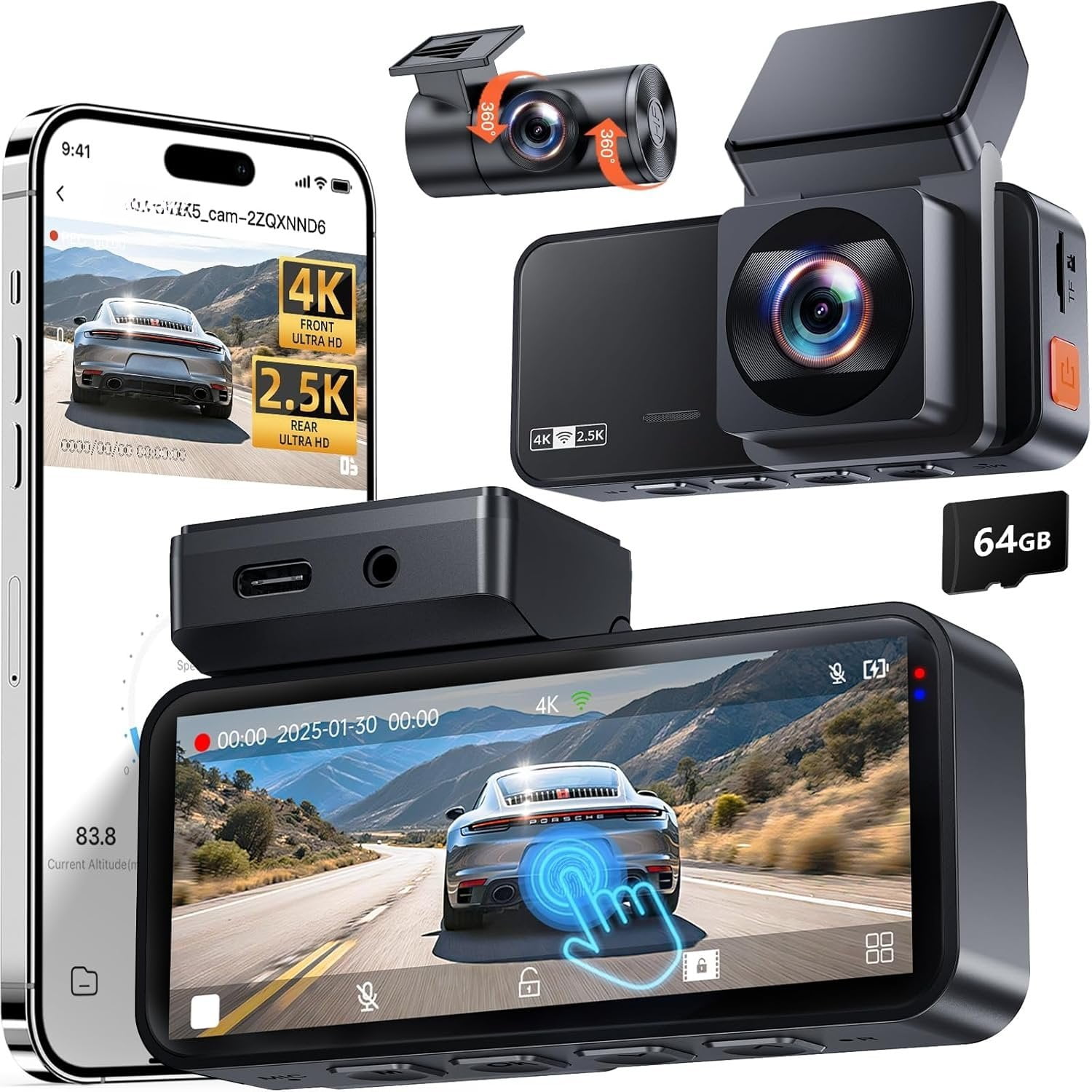 Dash Cam Front and Rear: 4K+2.5K Dash Camera for with Touch Screen 3.39 ...