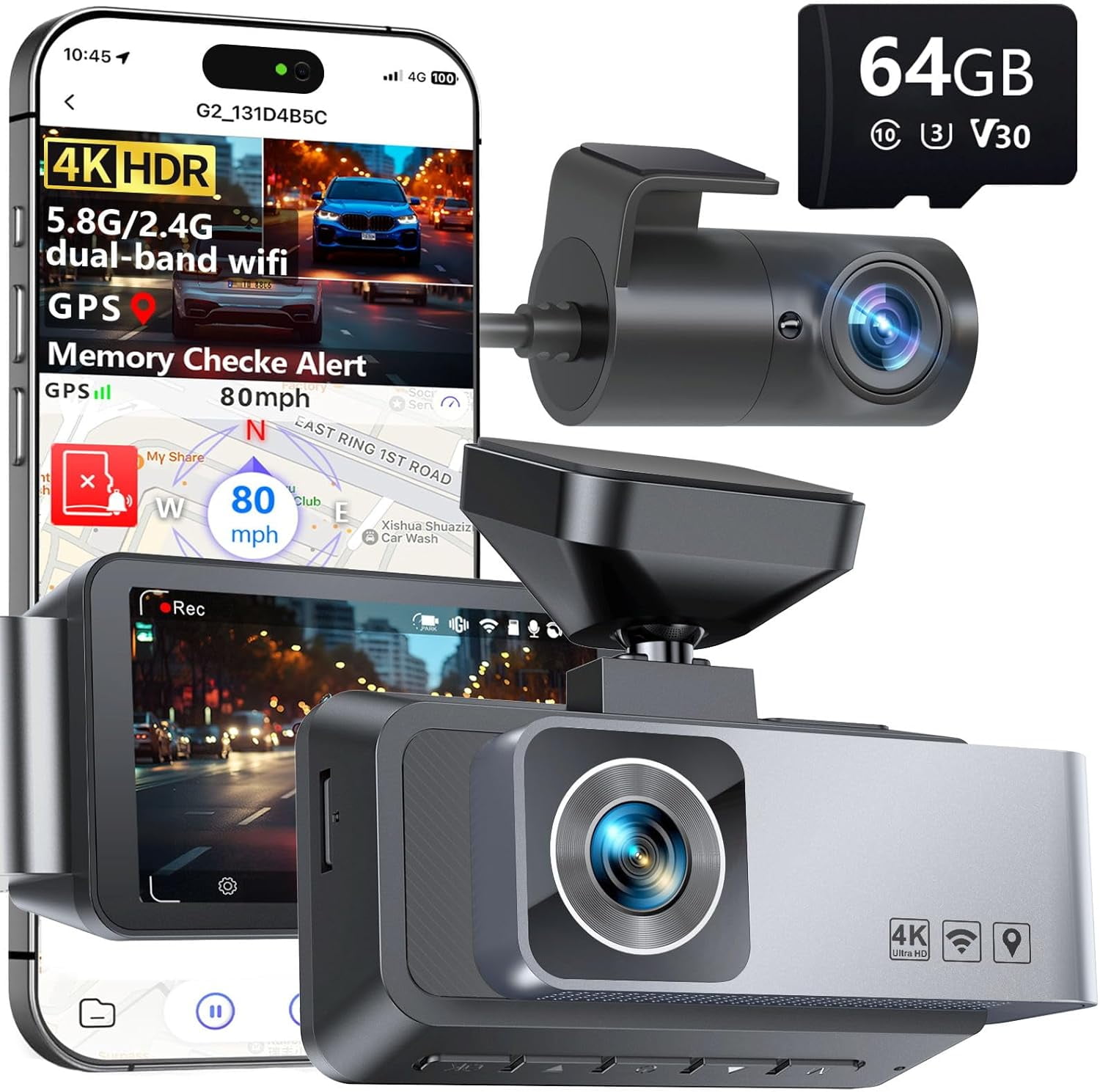 Dash Cam Front and Rear, 4K 2 Dash Camera for , Built-in Memory Card ...