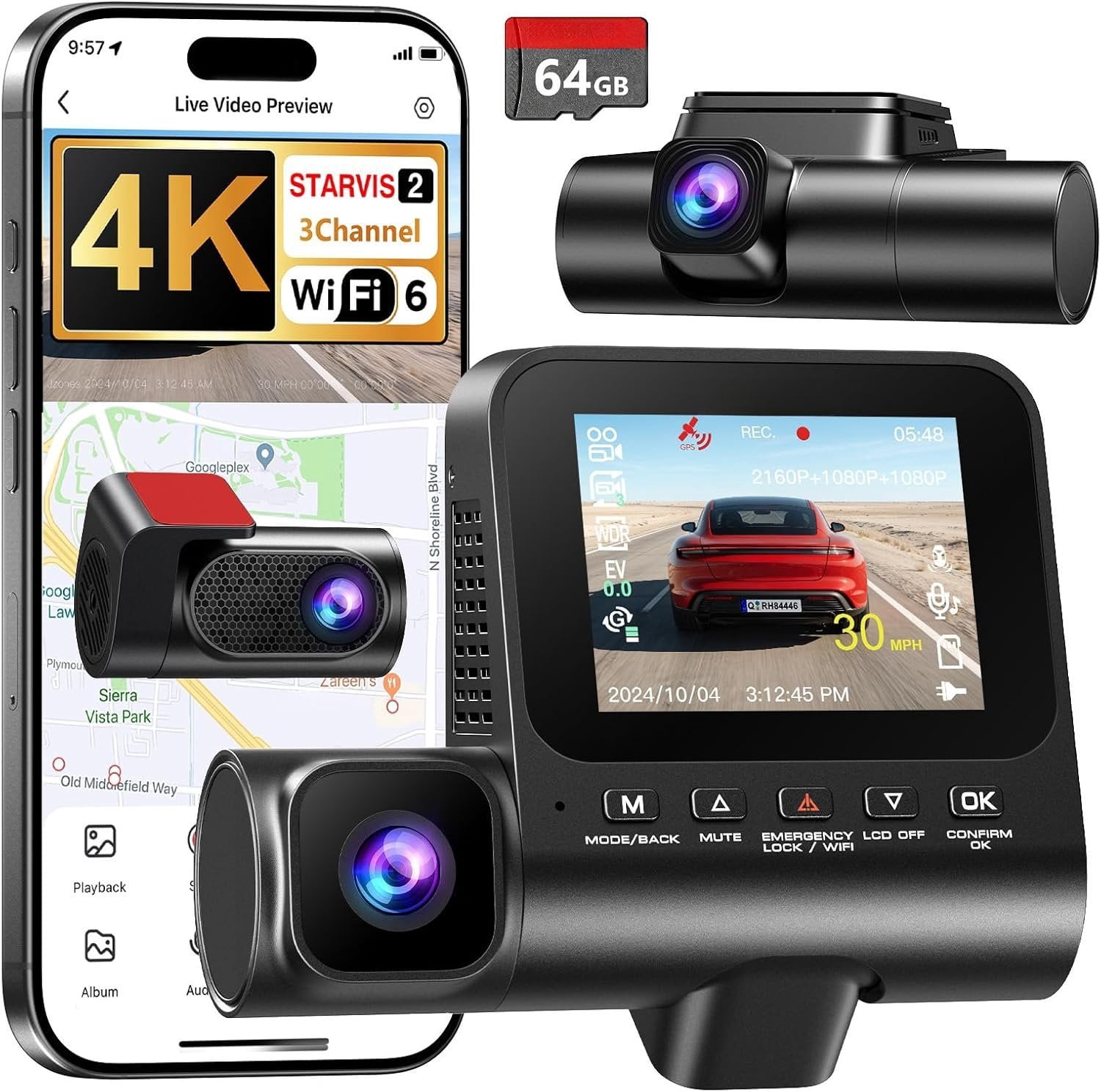 Dash Cam Front and Rear, 4K 3 Dash Camera for , STARVIS 2 Sensor Dash ...