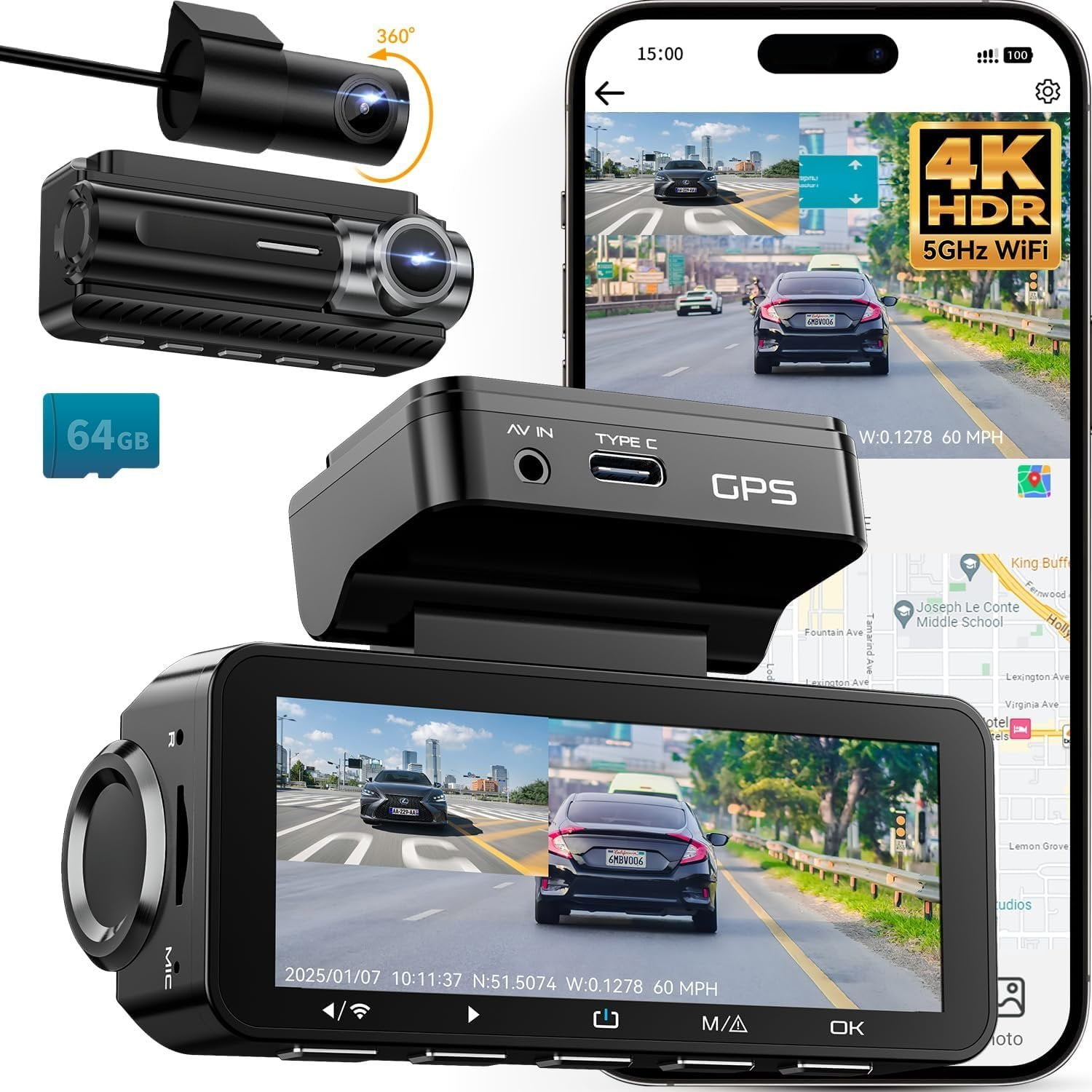 Dash Cam Front Rear 4K Built-in 5G WiFi GPS, Voice Control, 3.39 inch ...