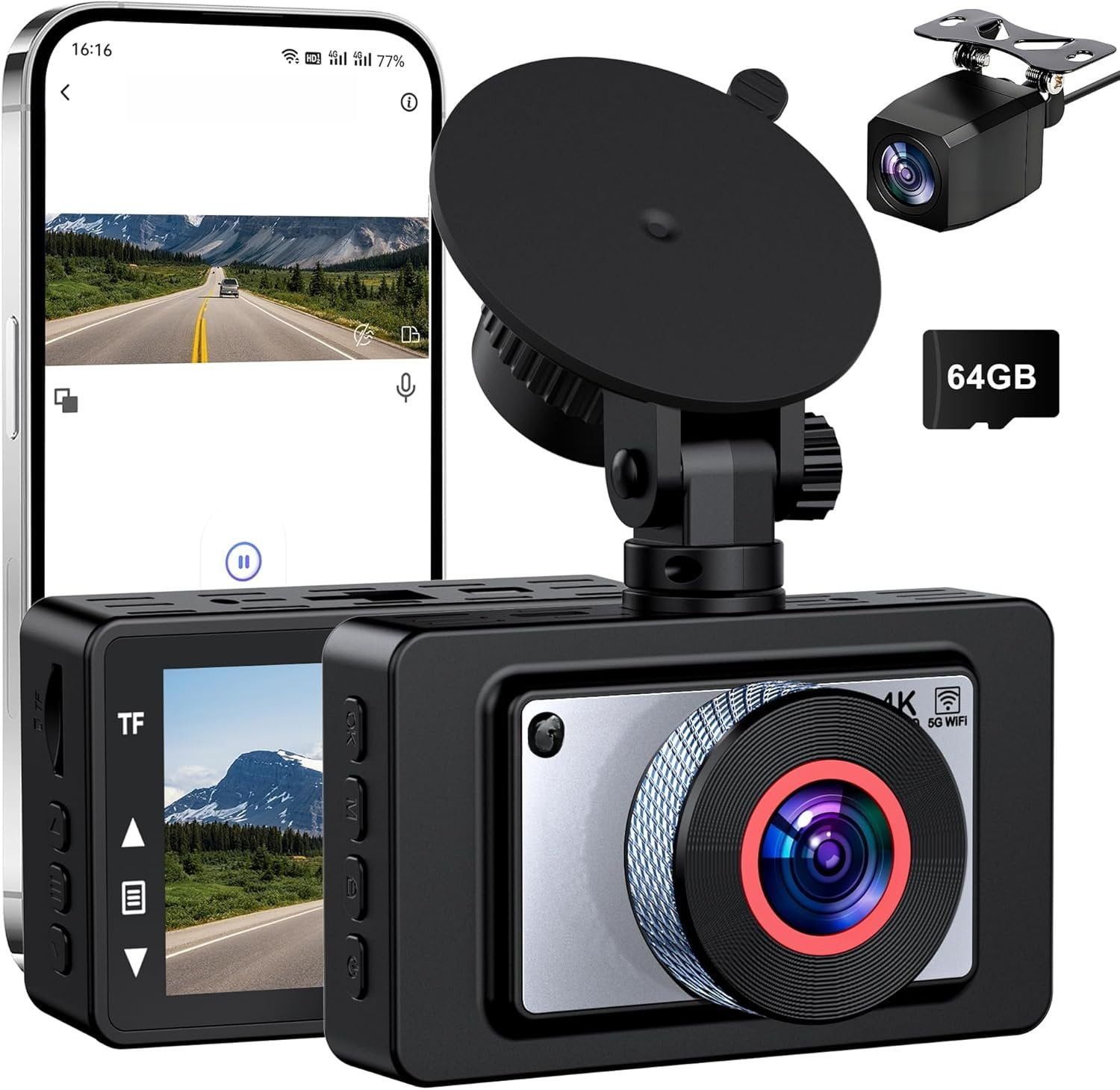 Dash Cam Front and Rear, 4K Dash Camera for , 64GB Card Included, Built ...