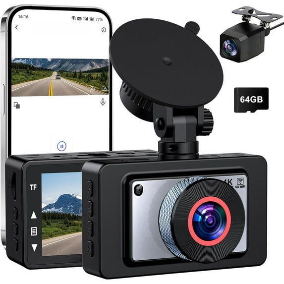 Dash Cam Front and Rear, 4K Dash Camera for , 64GB Card Included, Built ...