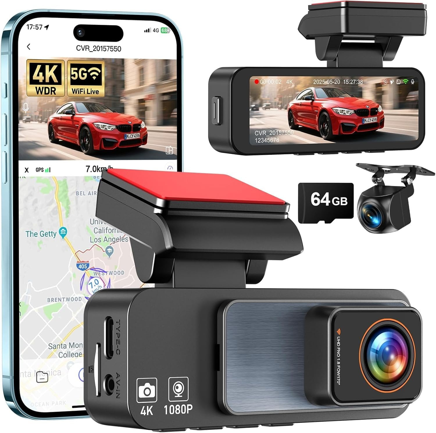 Dash Cam Front and Rear, 4K Dash Camera for Built-in 5G WiFi & GPS, 3.2 ...
