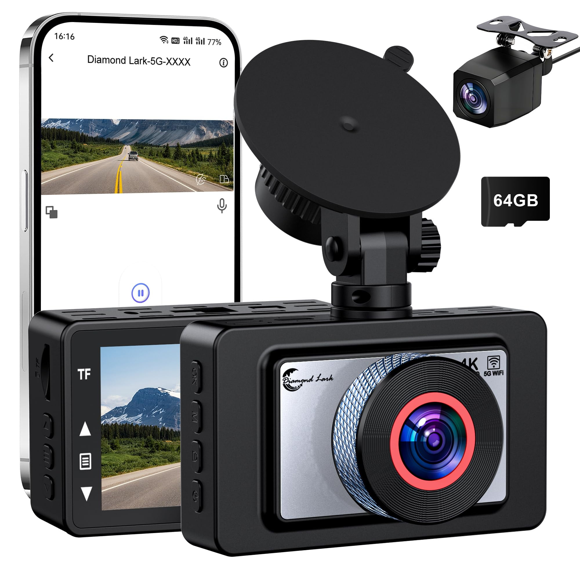 Dash Cam Front and Rear, 4K Ultra HD Dash Camera for Cars, 64GB Card ...