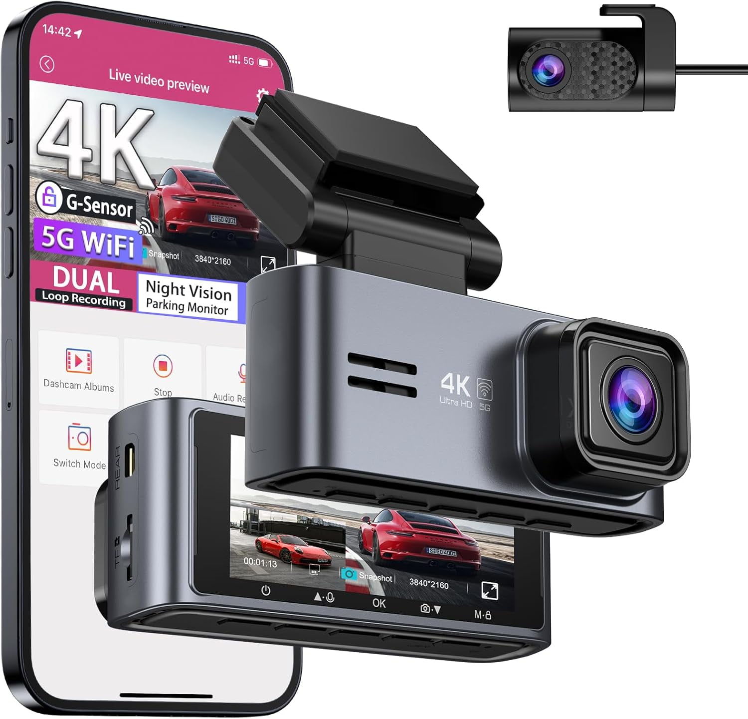 Dash Cam Front and Rear 5G WiFi, Dash Cam 4K/2K/1080P+1080P, Dash ...