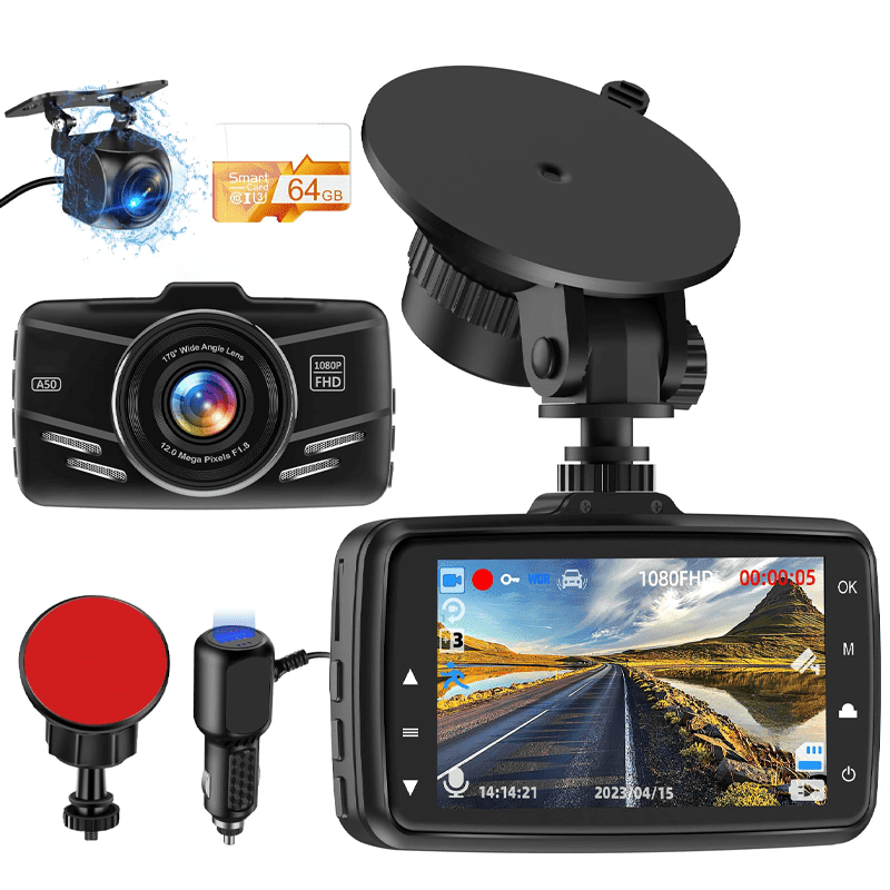 Dash Cam Front and Rear Camera, 1080P Dual Dashcams for Cars With 64GB ...